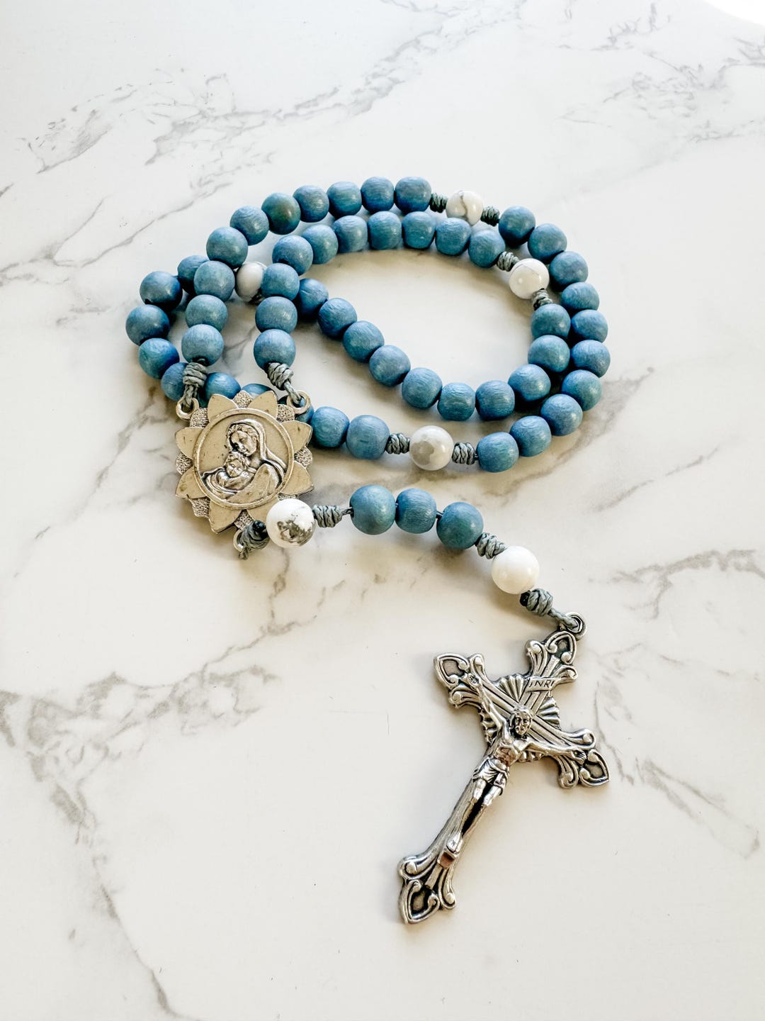 Catholic Rosary Beads With Dyed Blue Wood and Pearl Beads | Micro Cord ...