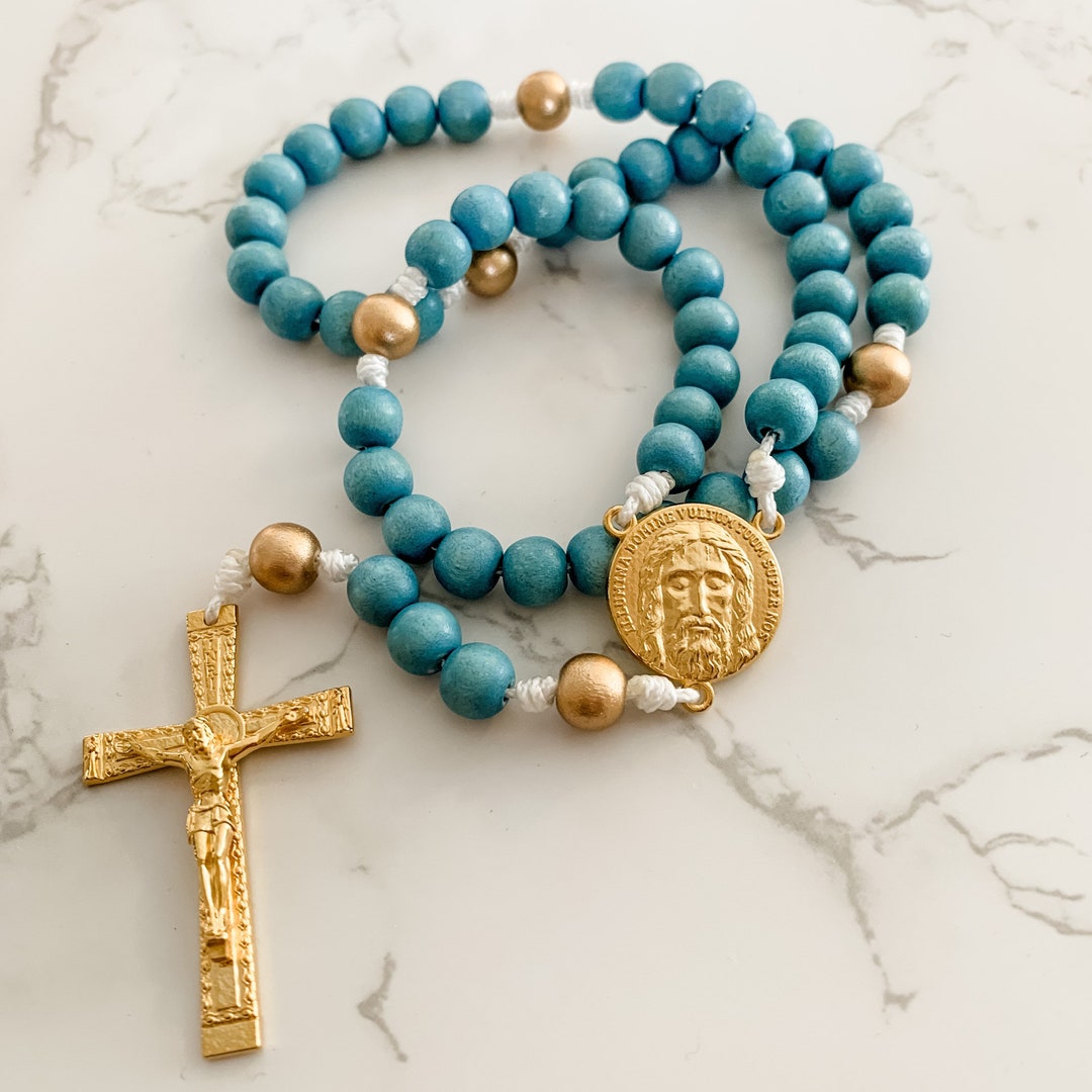 Catholic Rosary Made With Blue and Gold Wood Beads and Micro Cord ...