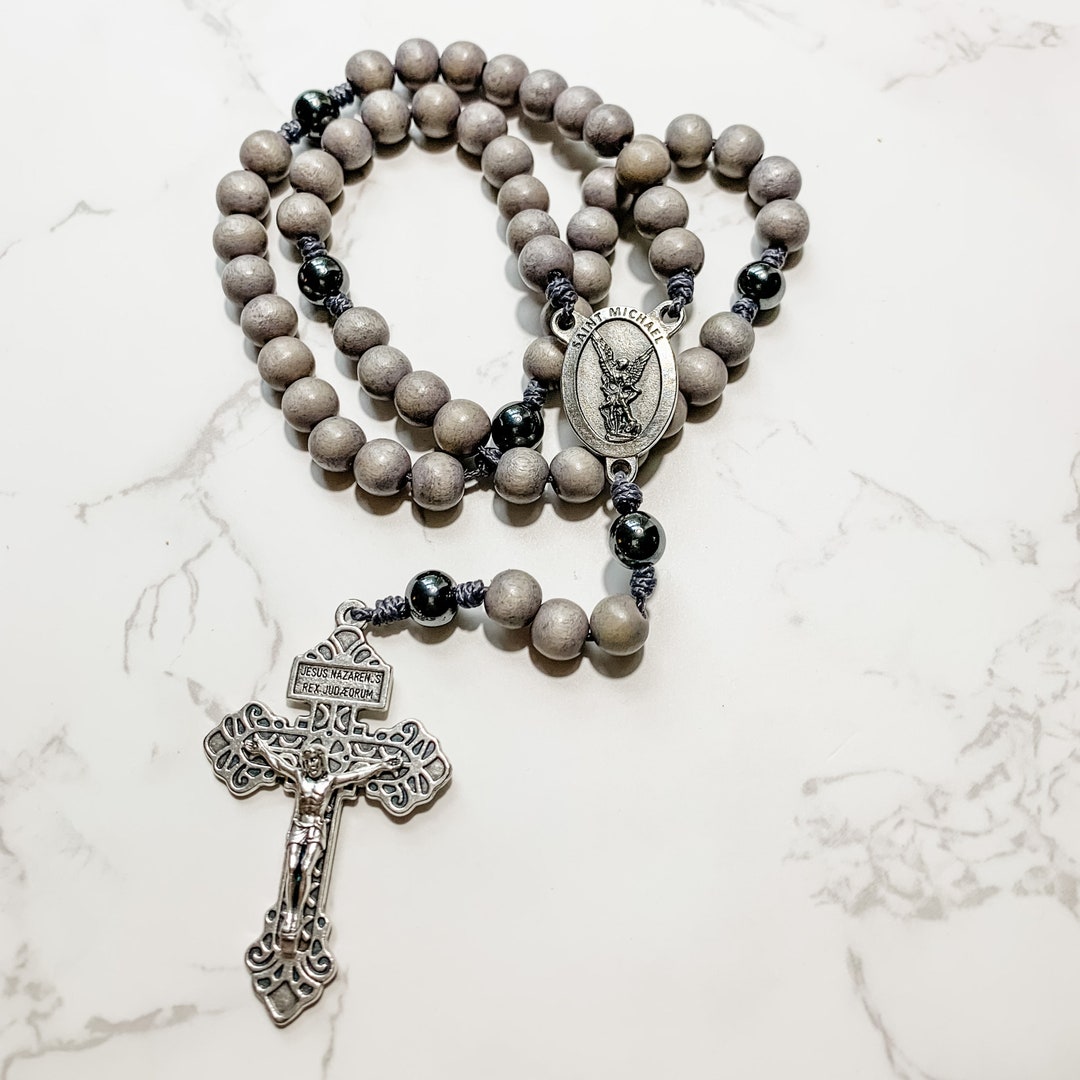 Saint Michael the Archangel Rosary With Pardon Crucifix Gray Wood Beads, Hematite Beads, and ...
