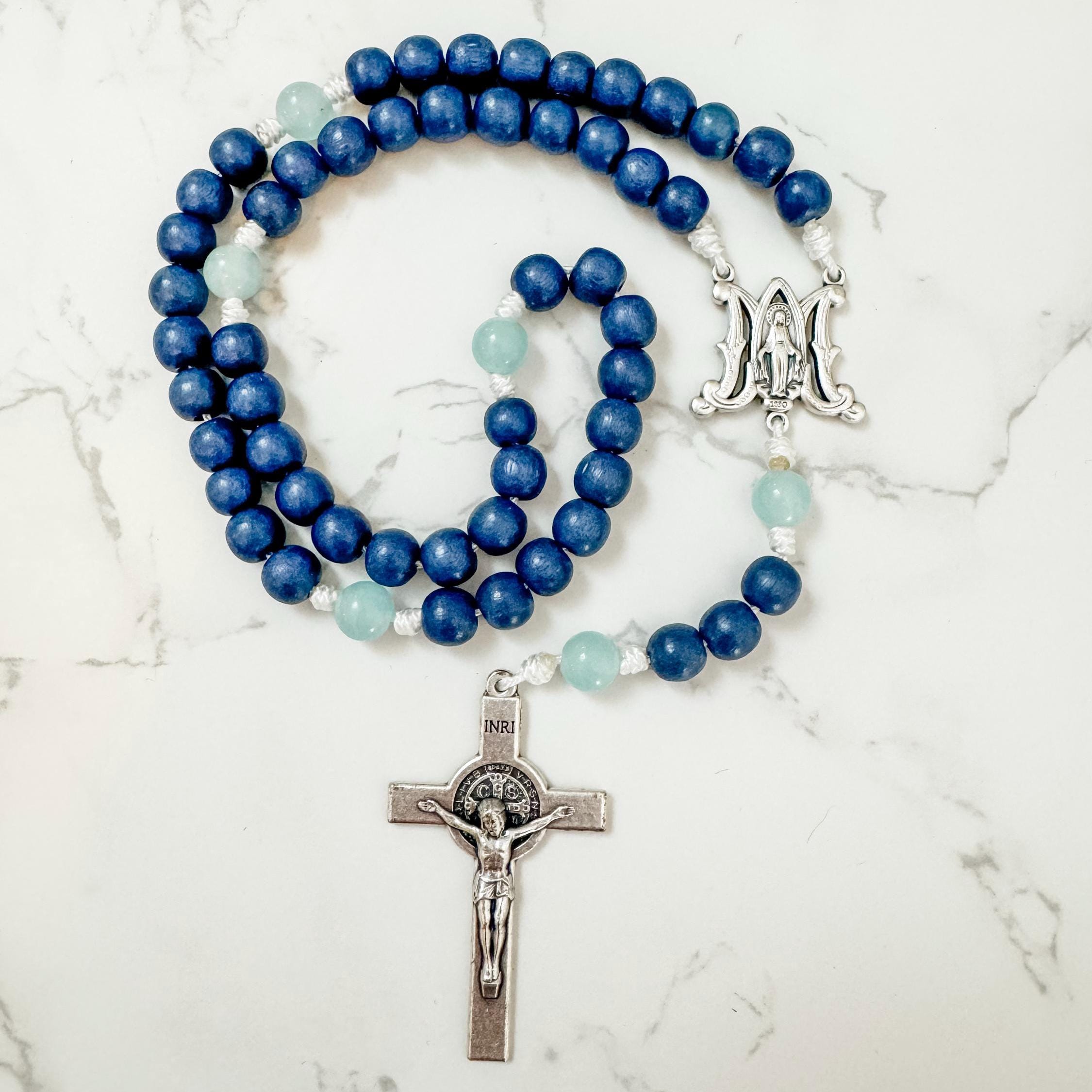 Catholic Rosary Beads With Saint Benedict Crucifix Auspice Maria Center Blue Wood Beads Aqua Quartz Gemstones and Micro Cord Paracord Etsy Canada