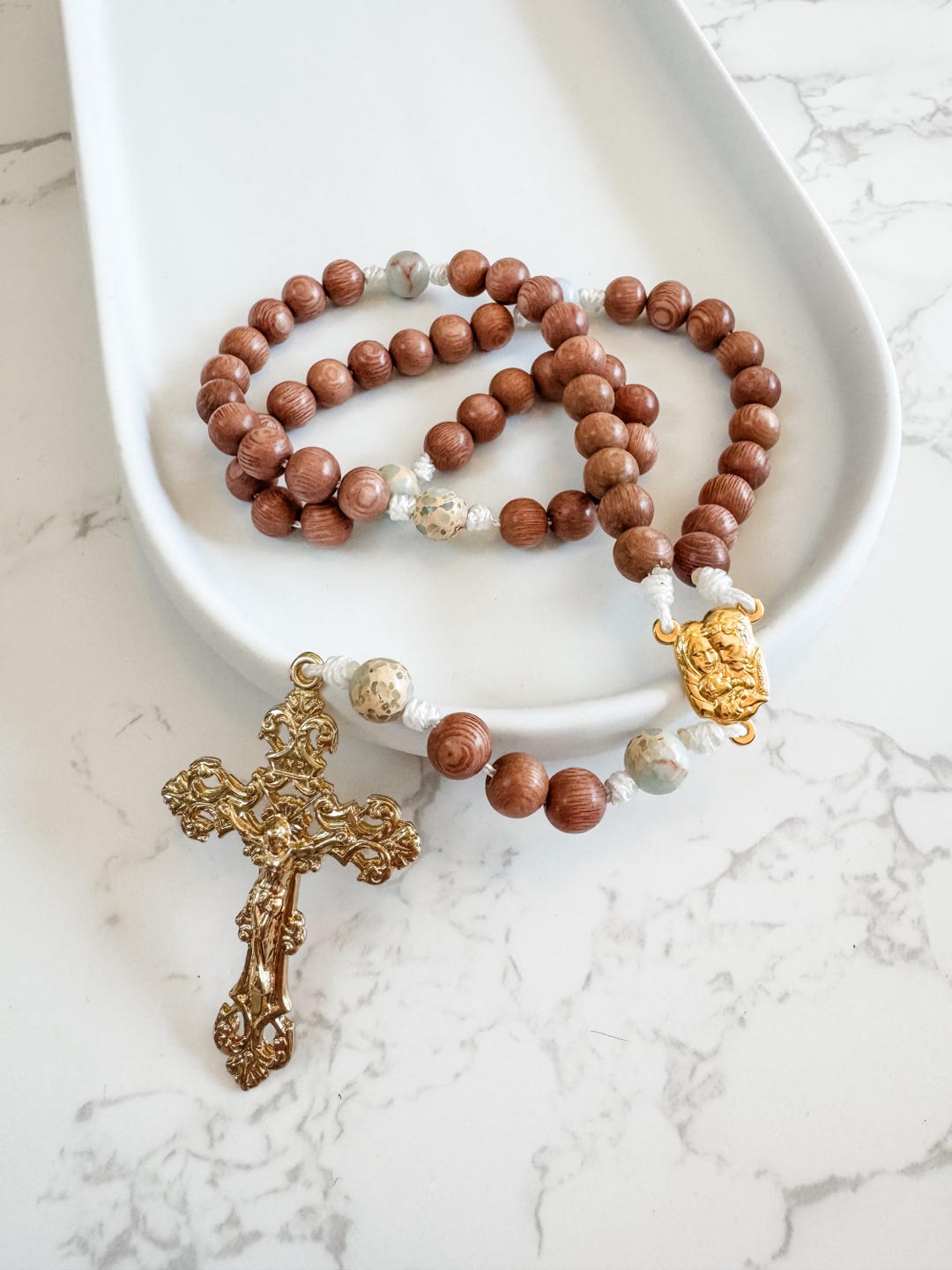 Holy Family Gold Rosary Beads Made With Rosewood and Gemstone Beads and ...