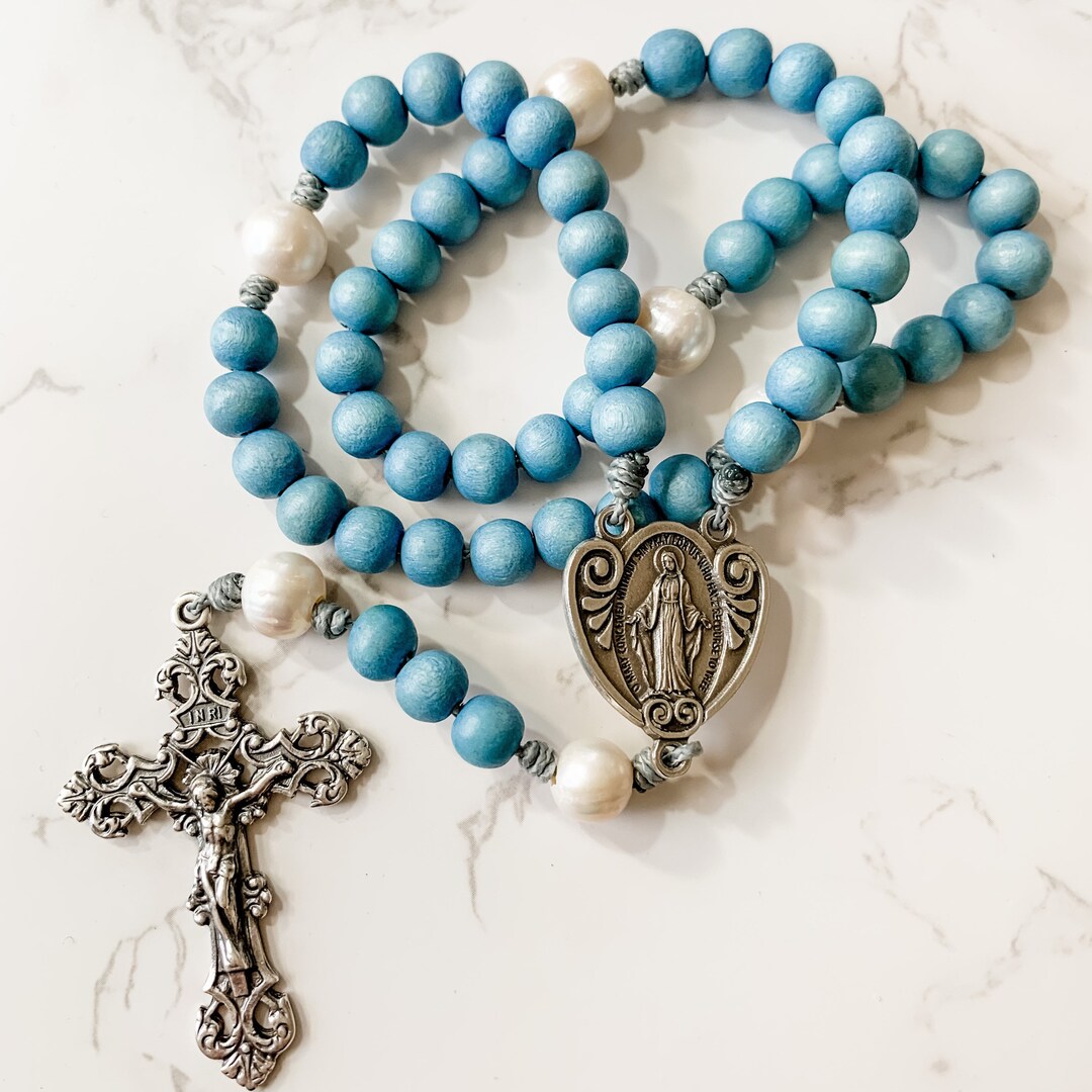 Catholic Rosary Made With Dyed Blue Wood Beads, Pearls, and Micro Cord ...