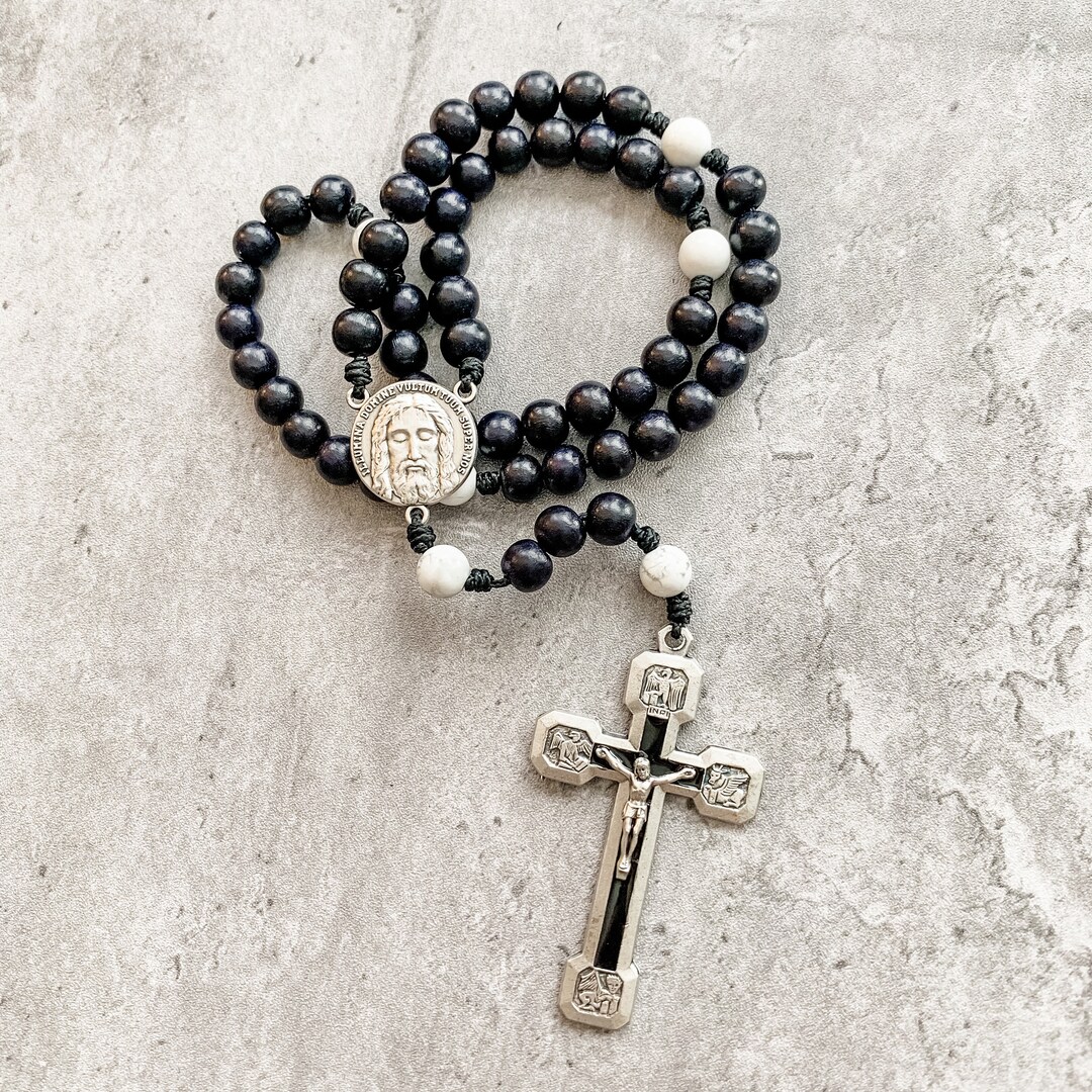 Catholic Holy Face Rosary Beads With Black Wood Beads, White Howlite ...