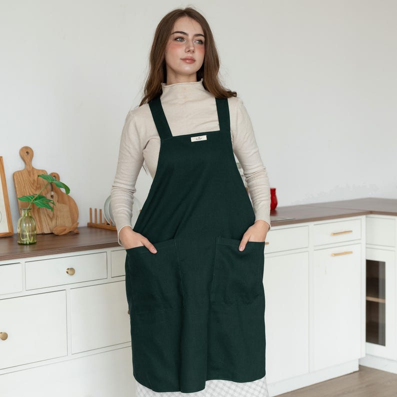 Reversible Linen Apron With Pockets: Handmade Cross Back Color Block ...