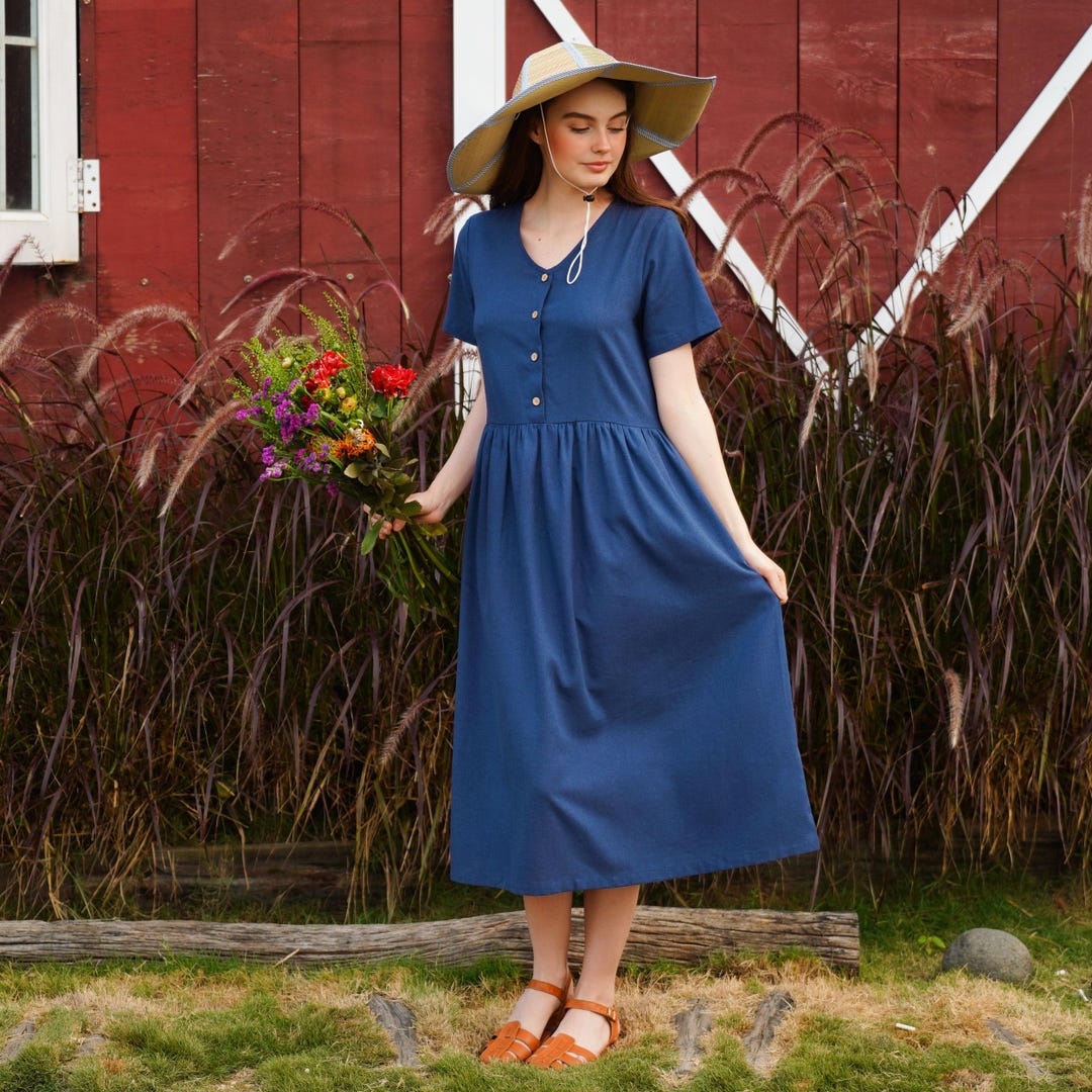 Linen Short Sleeves Dress JASMINE, V Neck Button Front Linen Dress ...