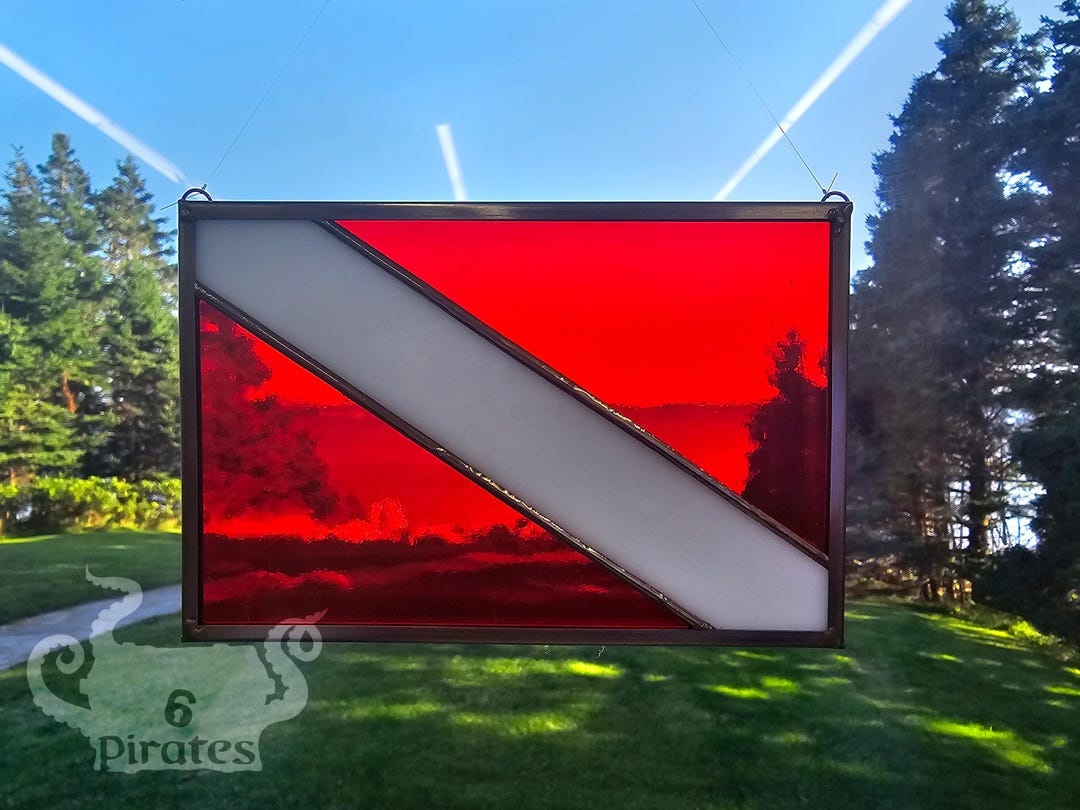 Stained Glass Scuba Diver Down Flag Suncatcher, Vibrant Handmade ...