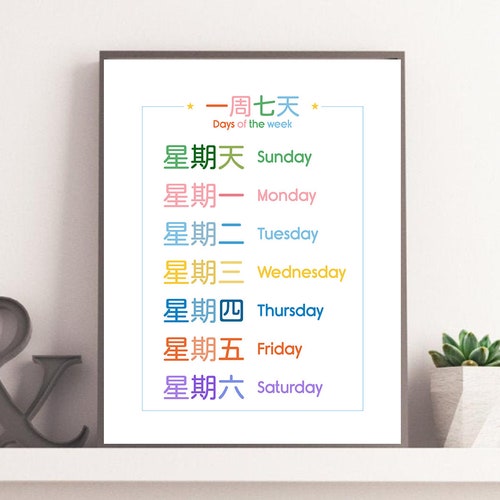 Days of the Week Pinyin Poster Simplified Chinese Wall Art - Etsy