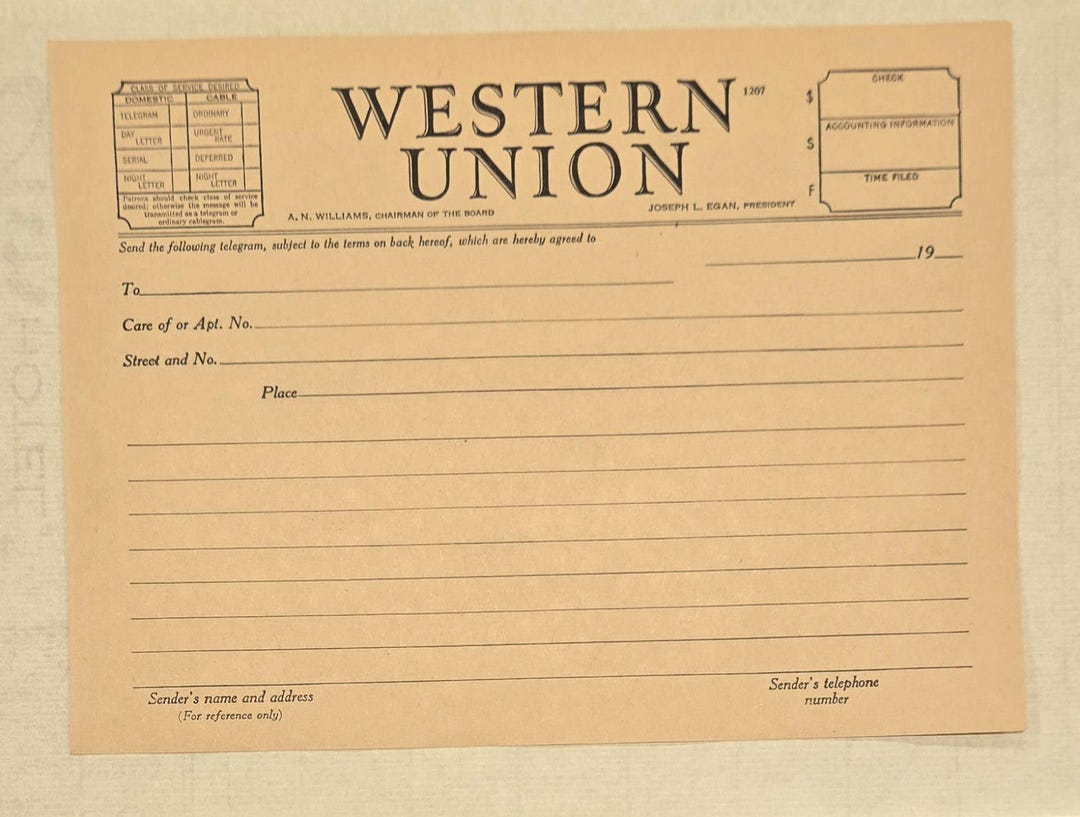 Vintage Western Union Telegram Form – Unused 1940s Blank Telegram Sheet ...
