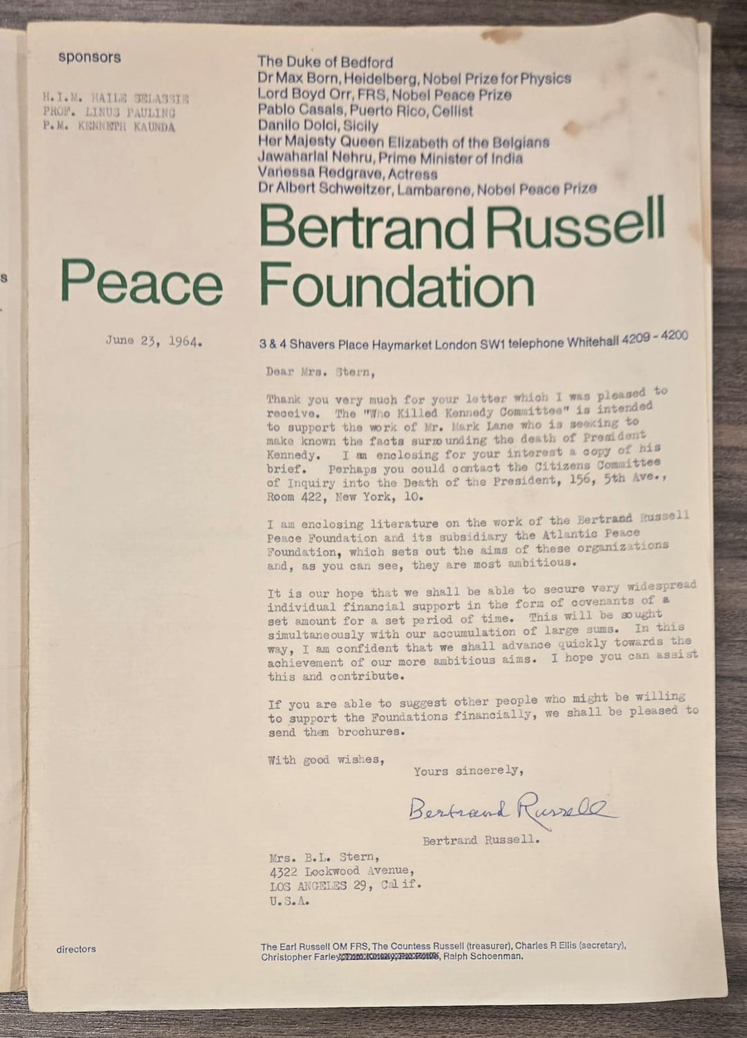 Signed Bertrand Russell Letter – 1964 Peace Foundation, JFK ...