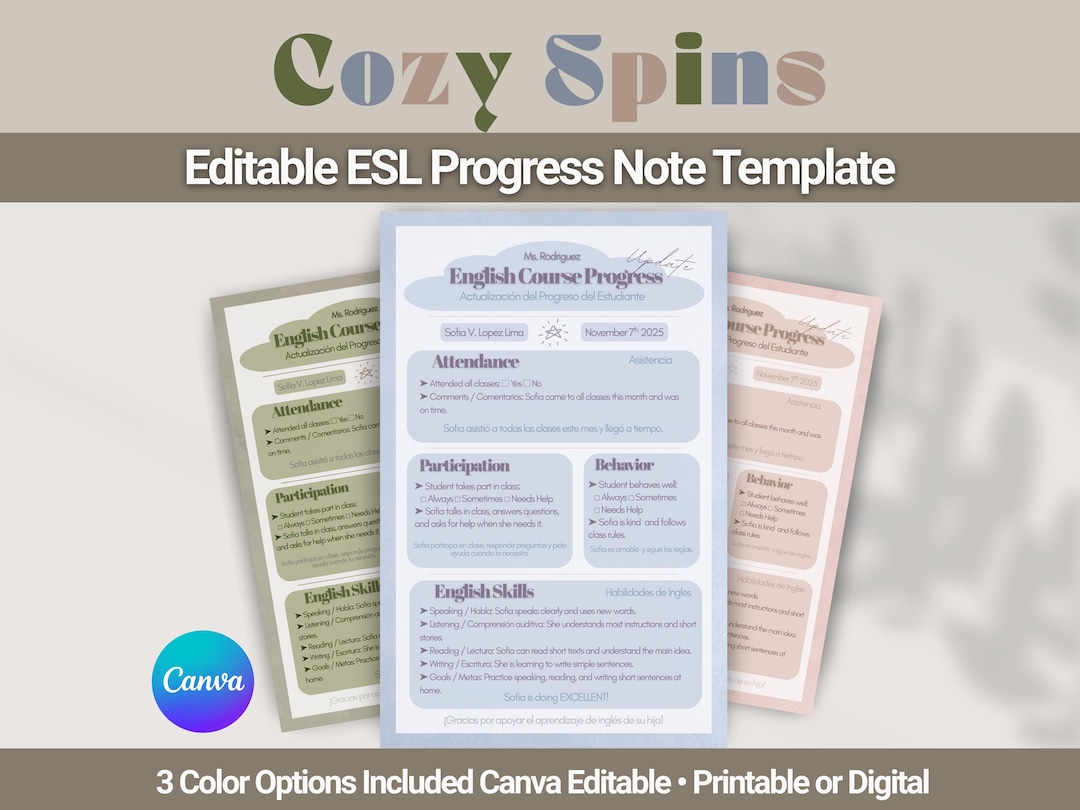 Editable ESL Student Progress Report Template English and Spanish Class ...