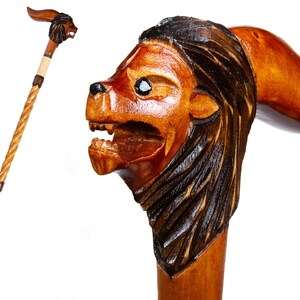 Lion Head Wooden Cane Walking Stick Handle Handmade Hand Carved Support ...