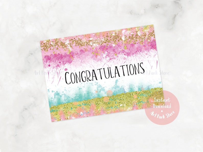 Congratulations Card Printable, Celebration Gold Glitter Watercolor ...
