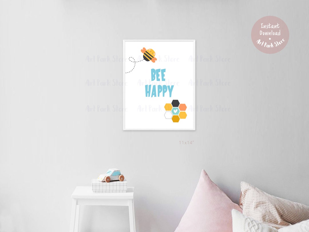 Bee Happy Print, Bee Happy Nursery Wall Art Poster, Nursery Printable ...
