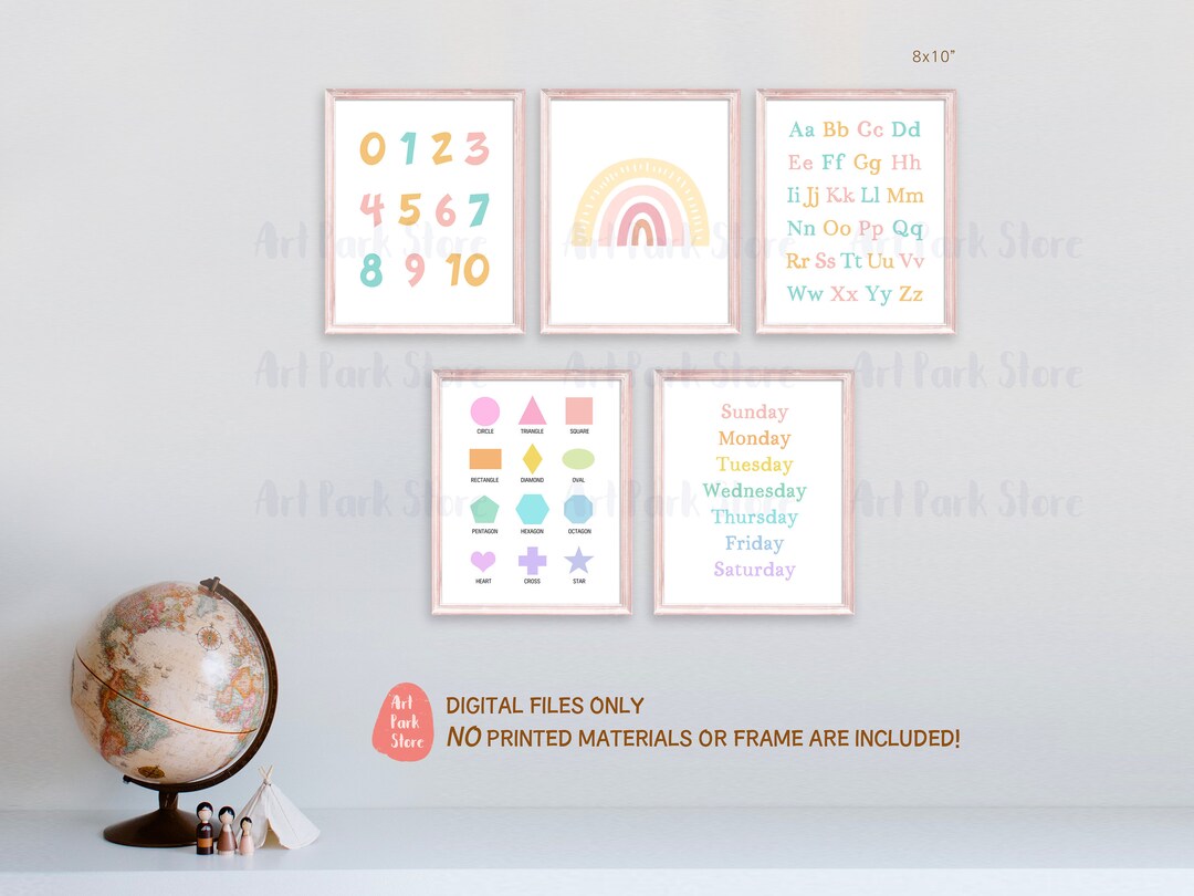 Pastel Educational Poster Set of 5, Alphabet, Numbers, Shapes, Days of ...