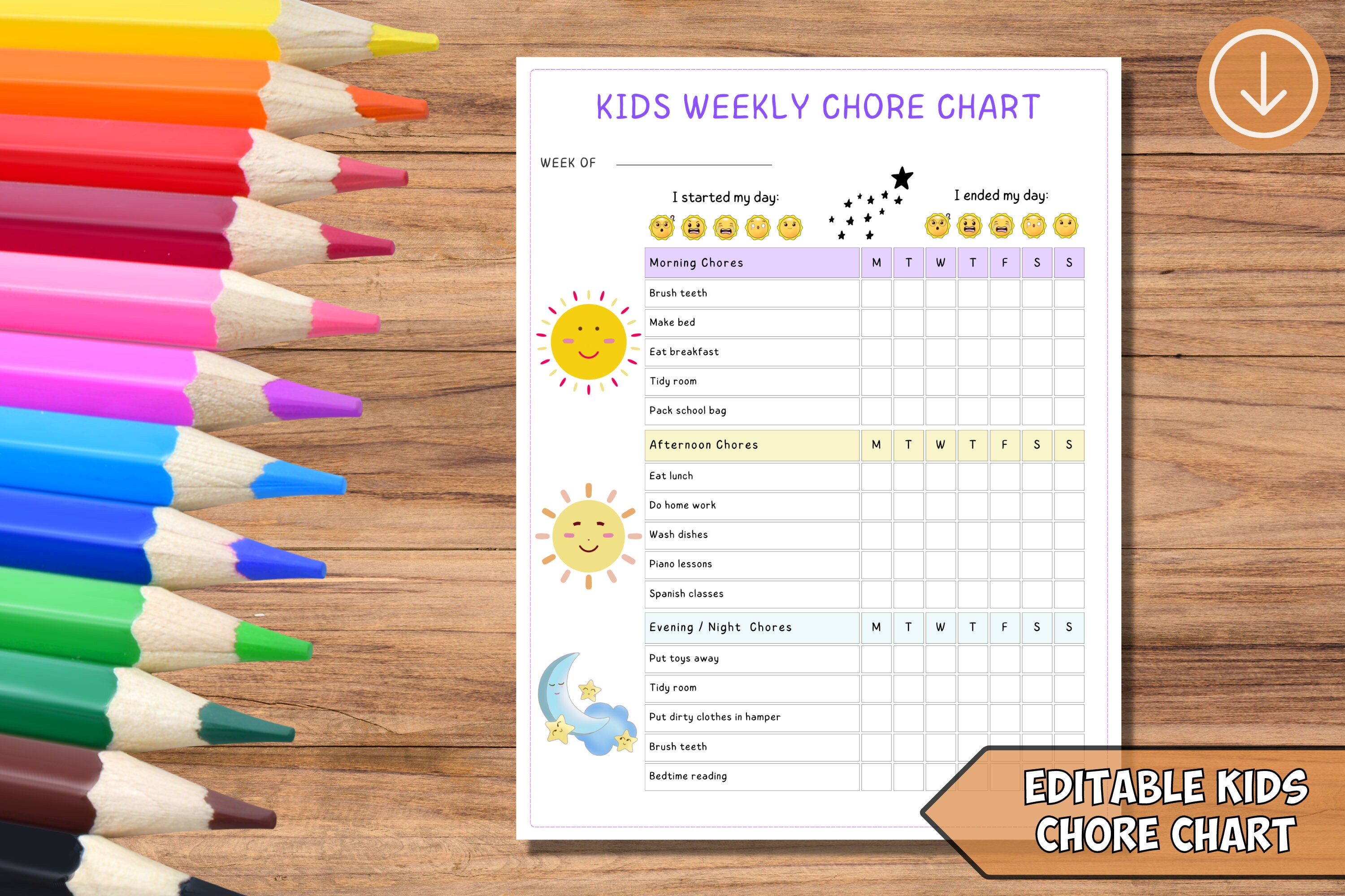 Editable Kids Chore Chart Customizable Weekly Chores Responsibility ...