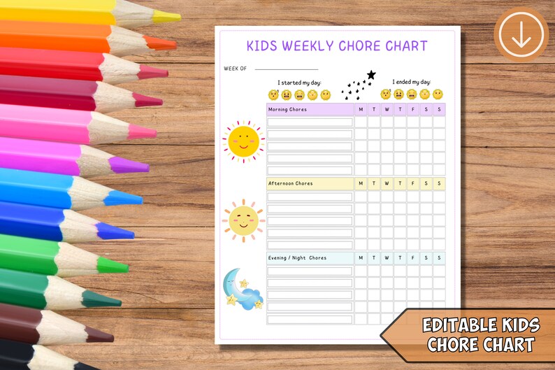 Editable Kids Chore Chart Customizable Weekly Chores Responsibility ...