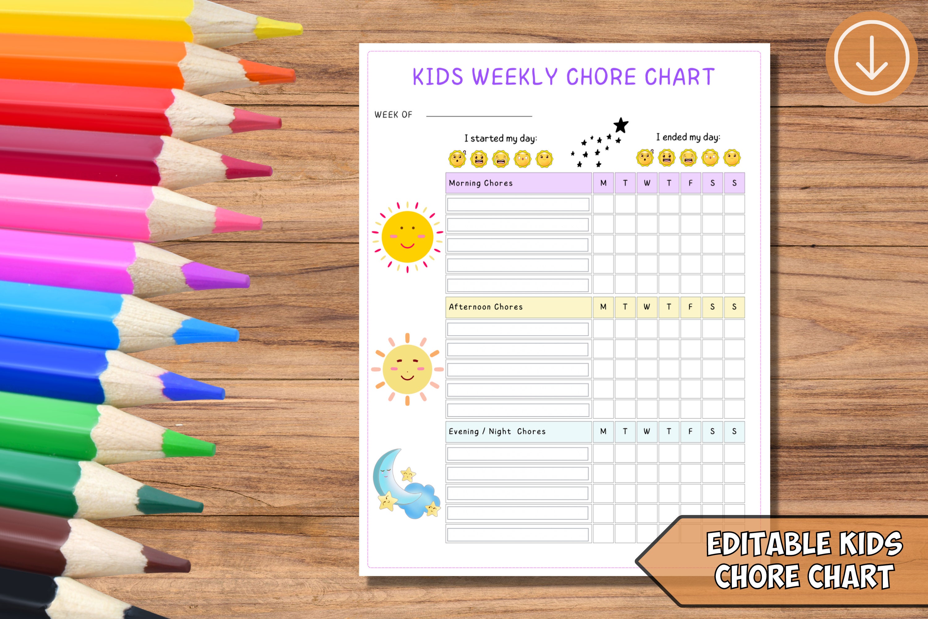 Editable Kids Chore Chart Customizable Weekly Chores Responsibility ...