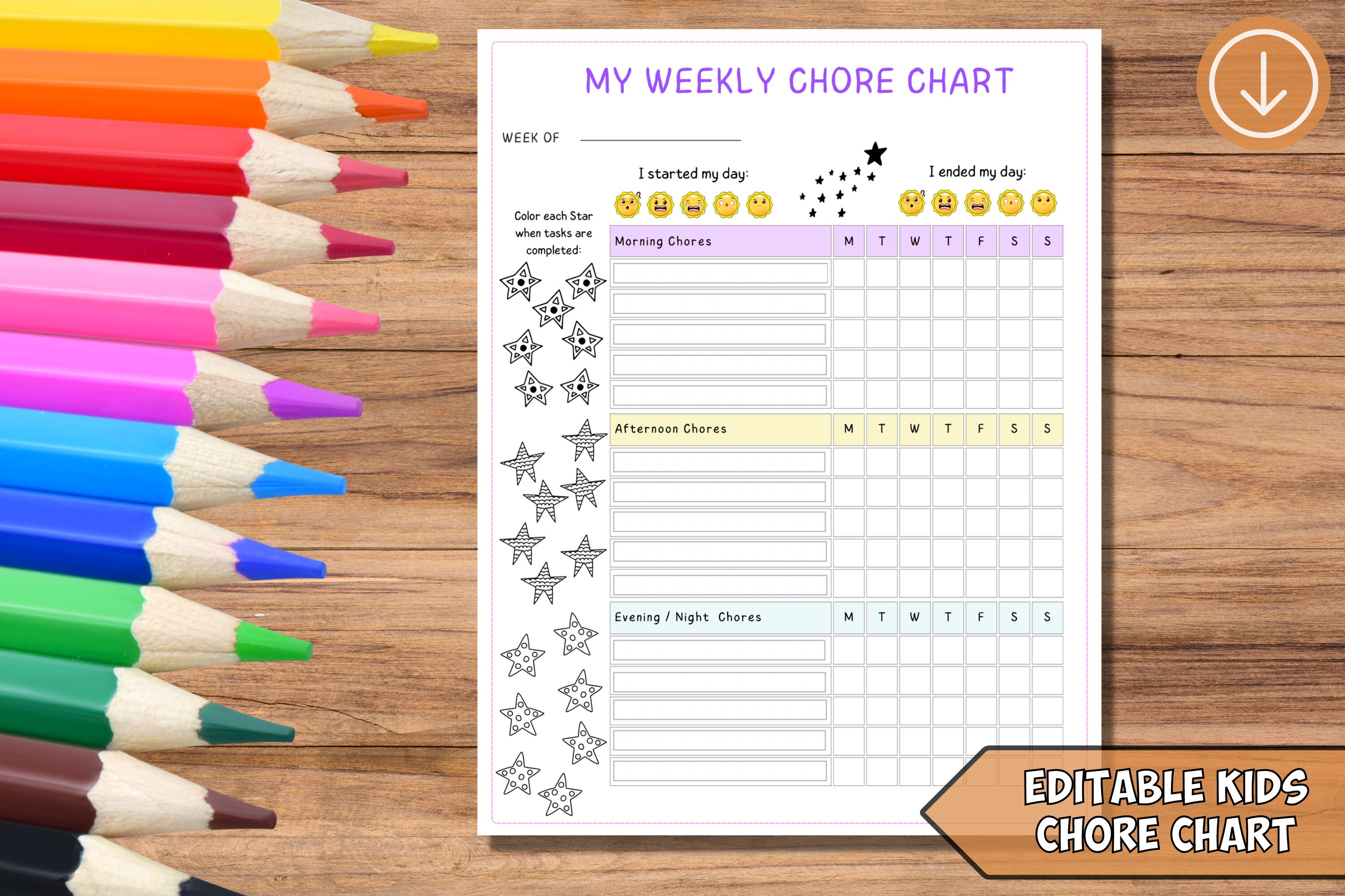 Editable Kids Chore Chart With Star Coloring Rewards Customizable ...