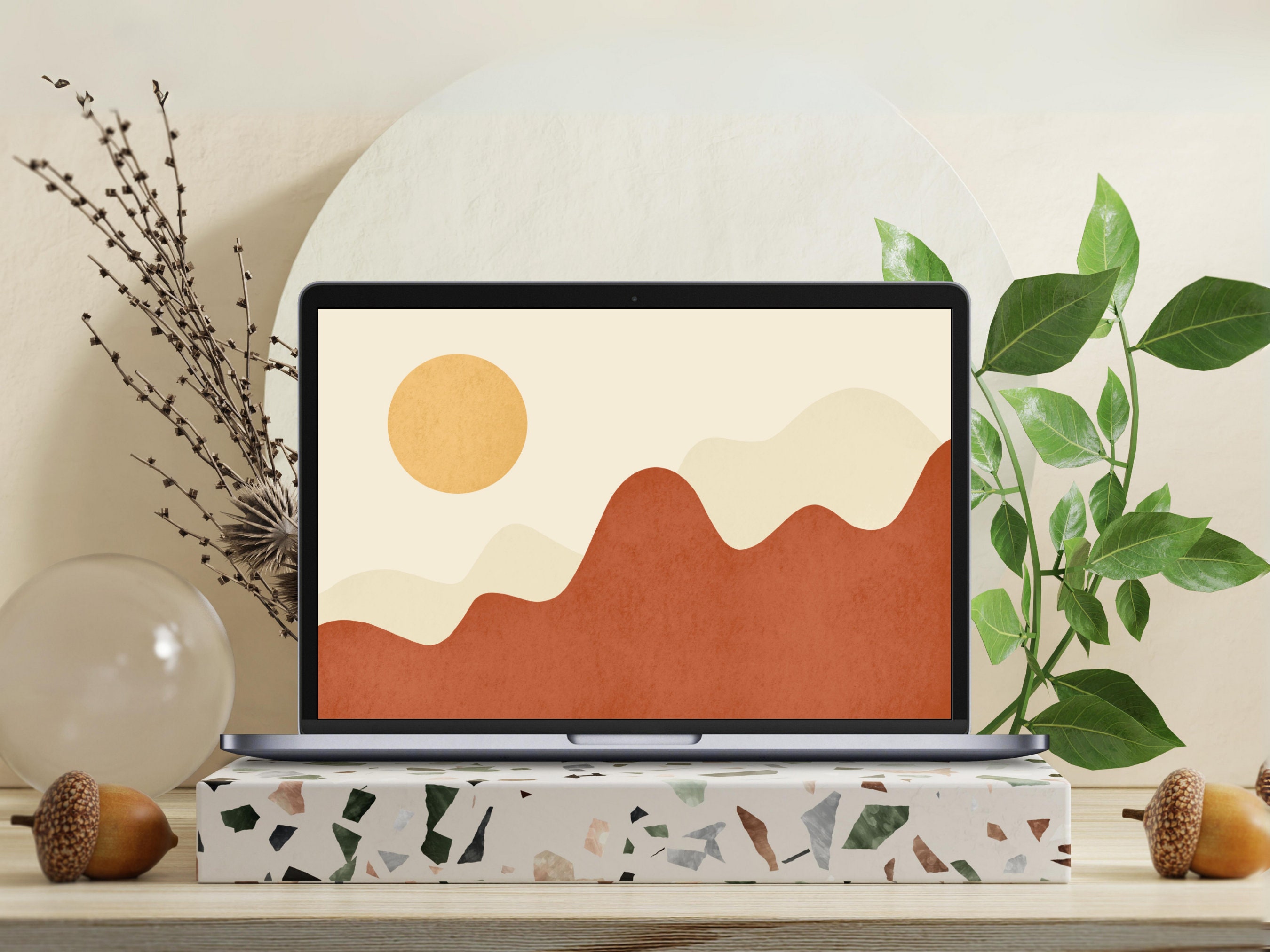 Mid Century Desert Mountain Hand-drawn Desktop Wallpaper - Digital ...