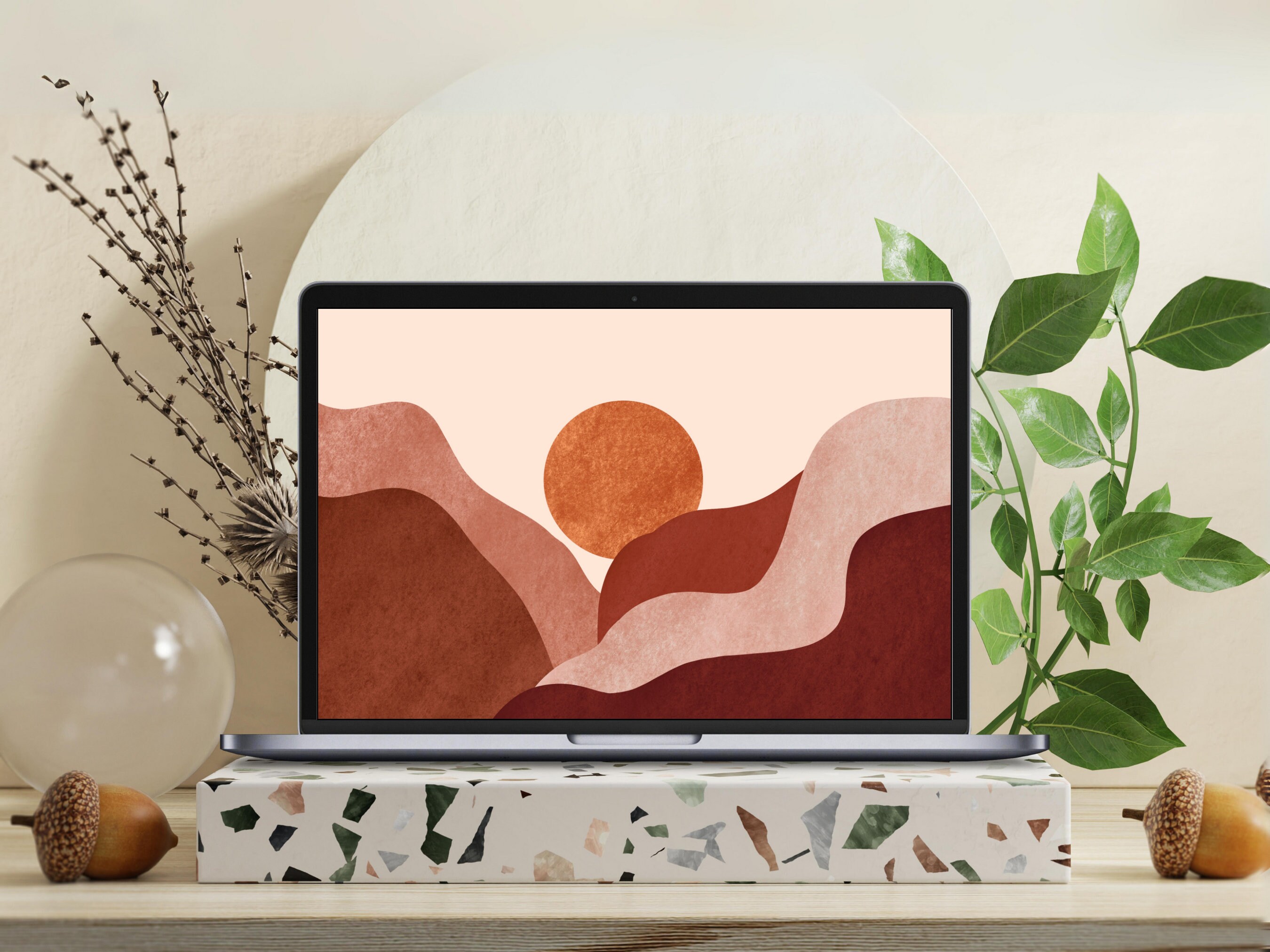 Mountain Sunset Hand-drawn Desktop Wallpaper - Mid Century Modern Style ...