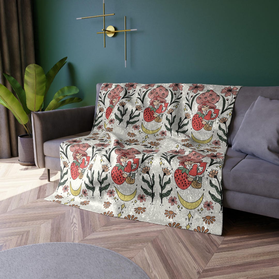 Velvet Blanket, Strawberry Cottage Core Girl Cartoon Design, Cozy Throw ...