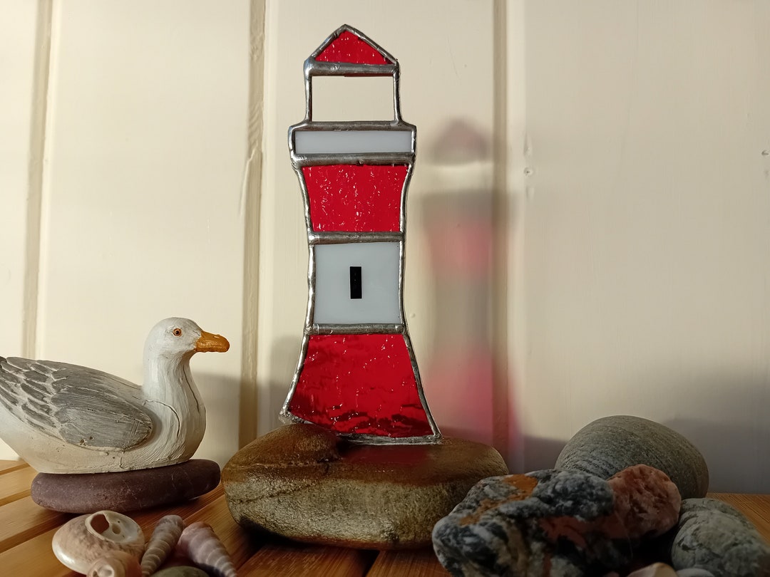 Handmade Stained Glass Lighthouse Suncatcher on Stone - Etsy