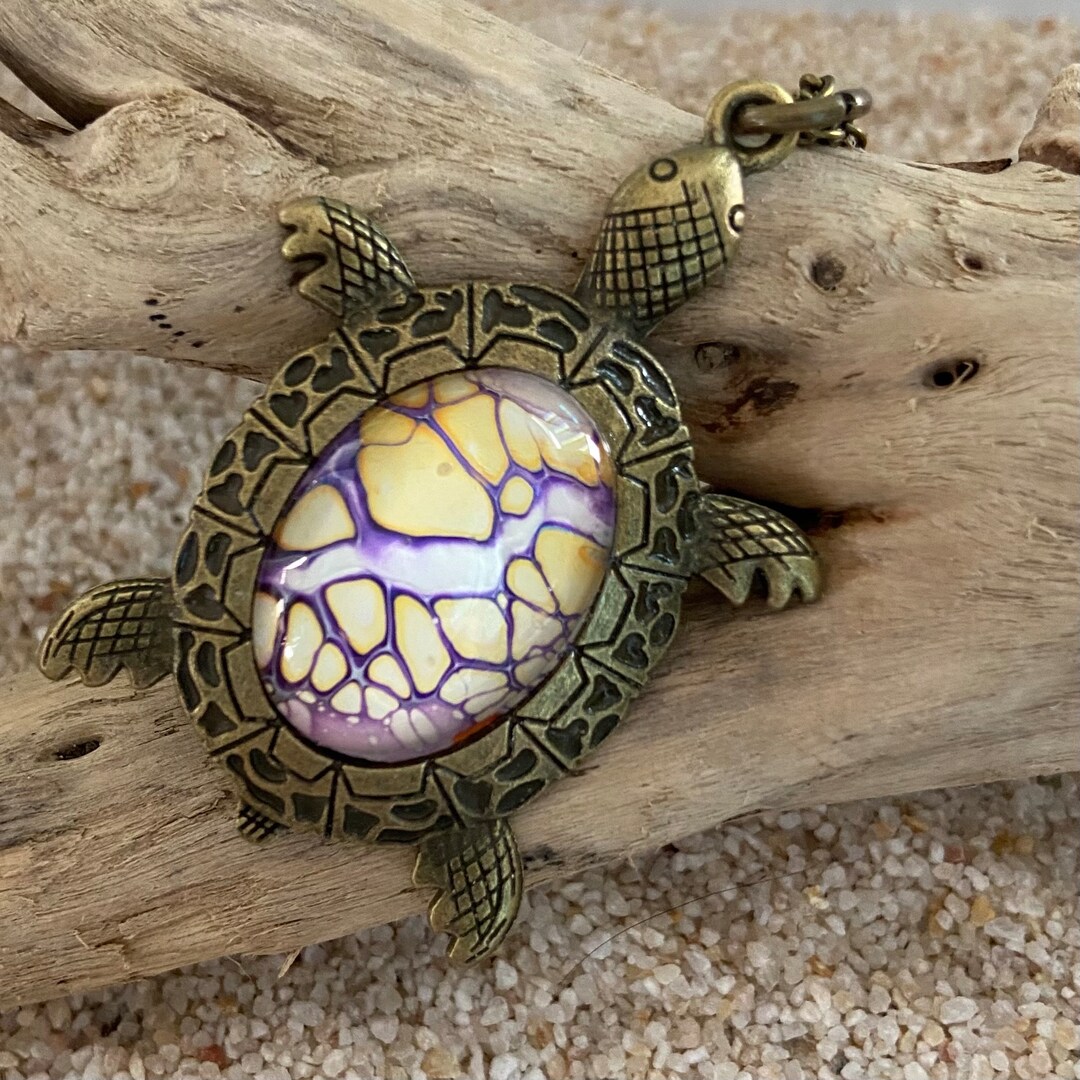 Fluid Art Pendant Necklace Bronze Turtle With Yellow/purple Shell Free ...