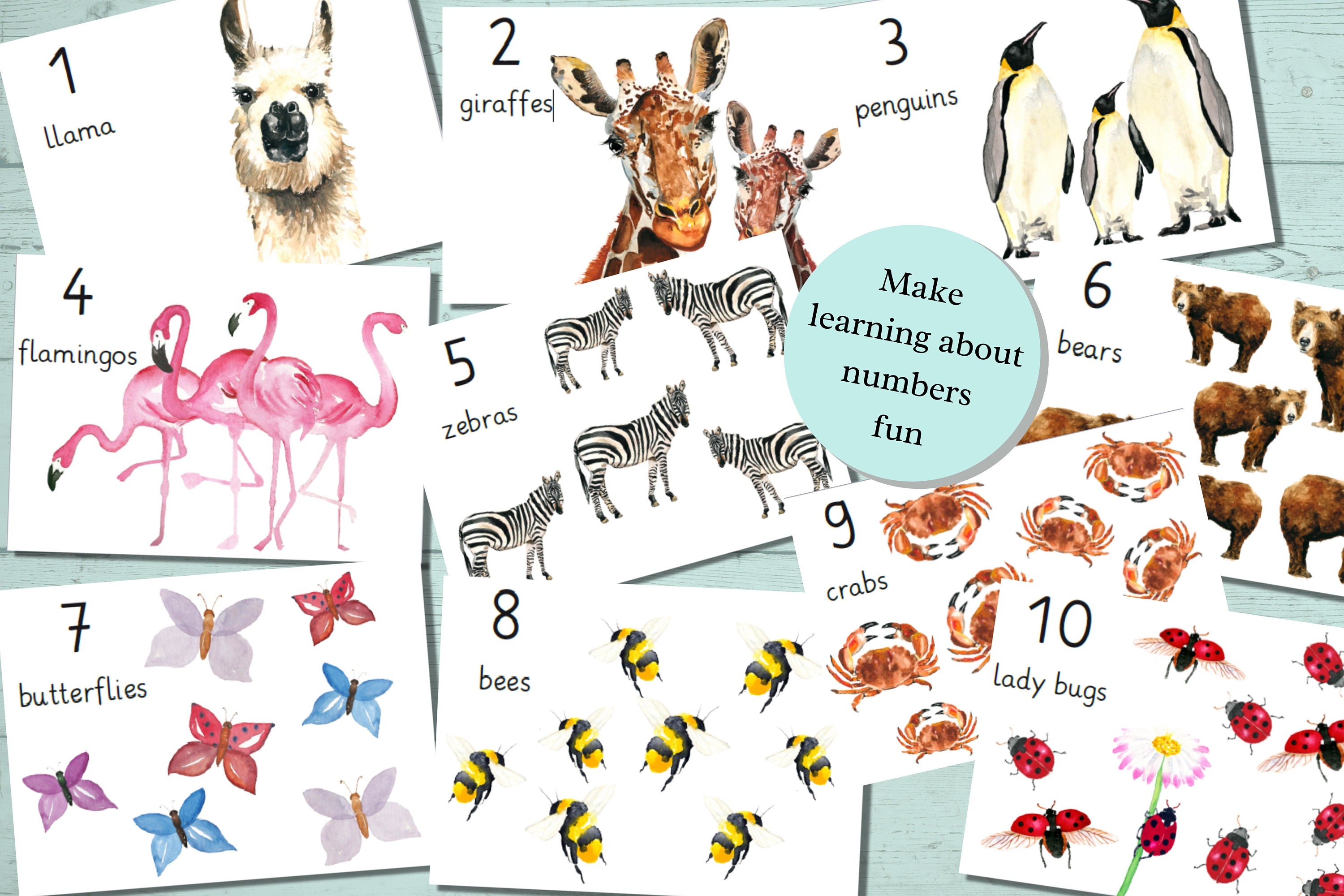 Animal Number Cards Montessori Counting Flashcards for - Etsy