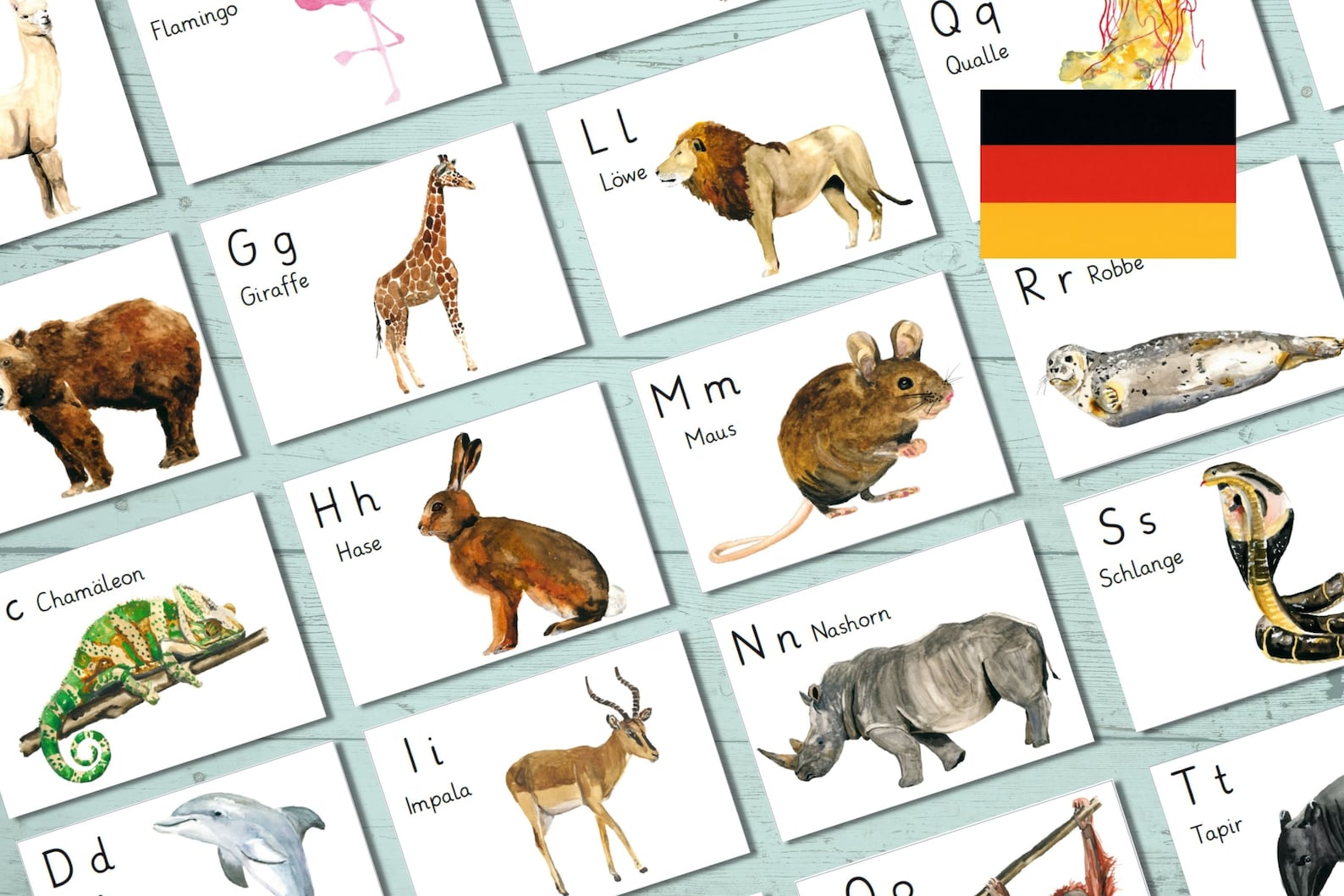 German animal alphabet cards montessori letter flashcards for | Etsy