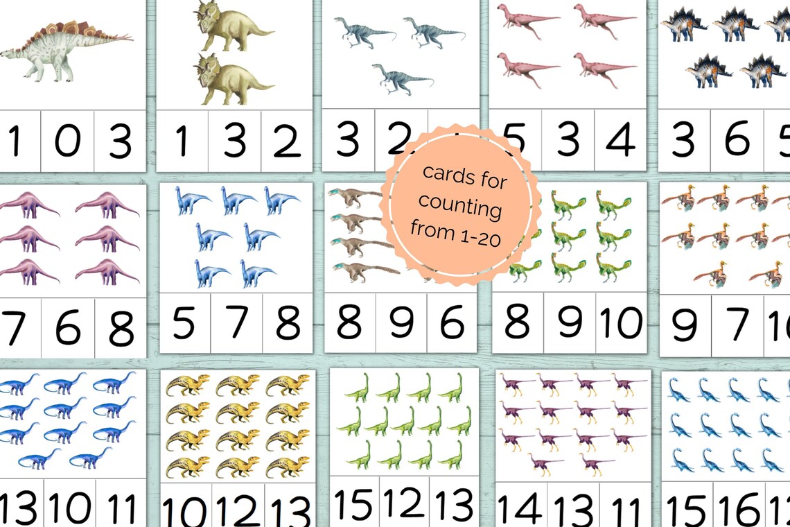 Dinosaur Count and Clip Cards 1-20 Numbers 1-20 Flash Cards - Etsy