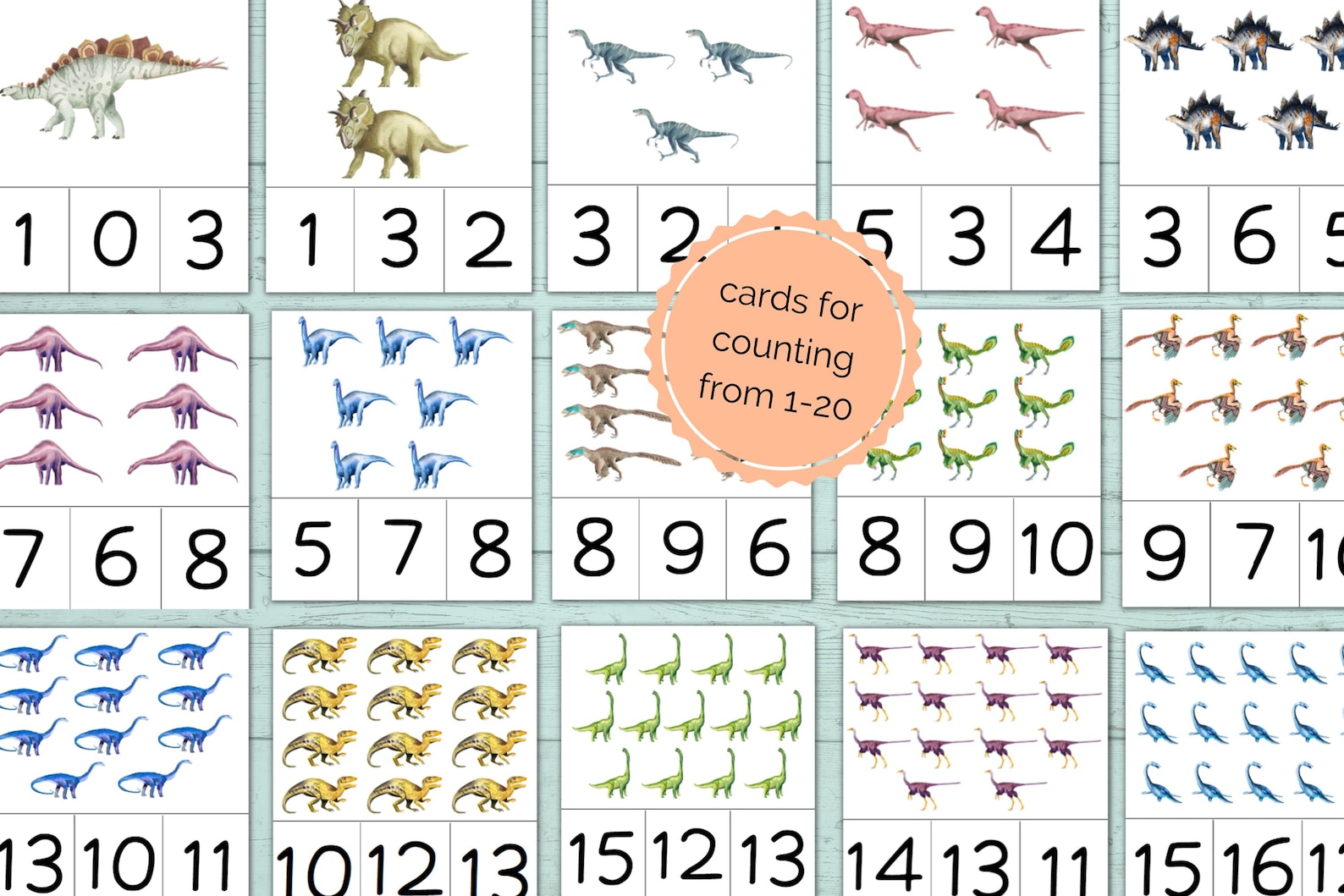 Dinosaur Count and Clip Cards 1-20 Numbers 1-20 Flash Cards - Etsy