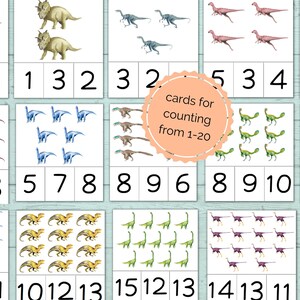 Dinosaur Count and Clip Cards #1-20, Numbers 1-20 Flash Cards, Counting ...