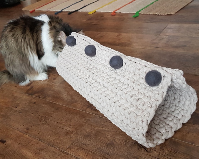 Beige Cat Tunnel & Mat, Cute Cat Bed Furniture, Crochet Eco Friendly ...