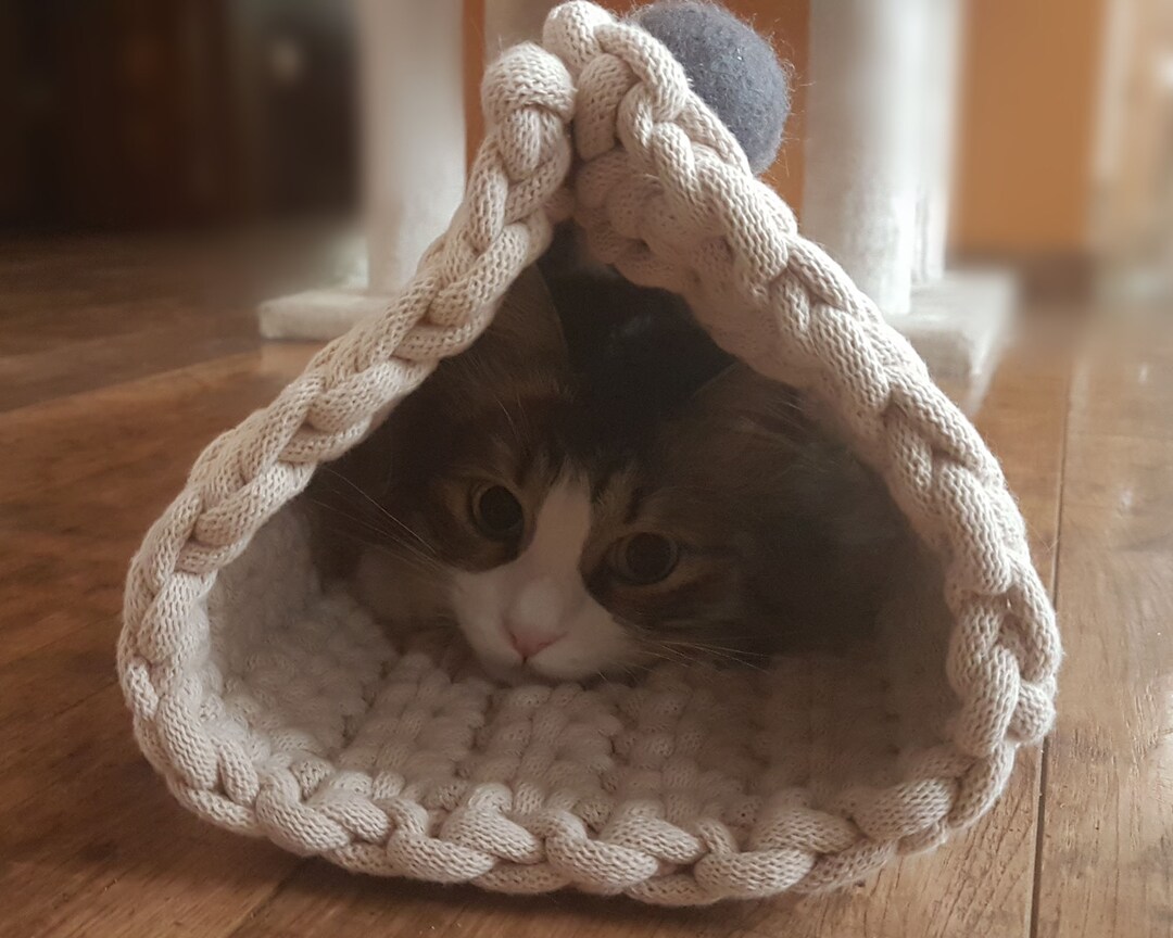 Beige Cat Tunnel & Mat, Cute Cat Bed Furniture, Crochet Eco Friendly ...