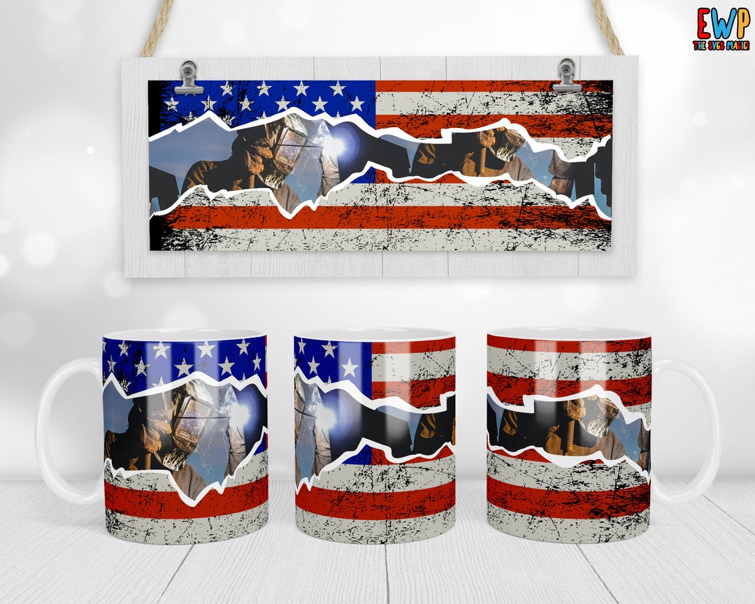 USA Flag Ironworker Full Wrap Mug American Flag Patriotic Iron Worker ...
