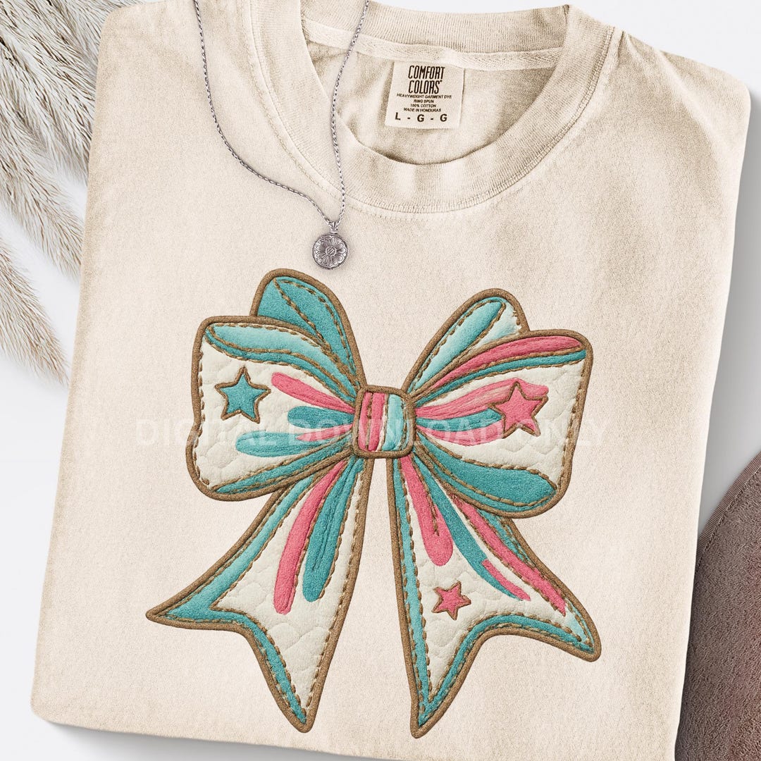 Pastel Star Bow PNG | Teal & Pink Embroidered Ribbon Patch Clipart for ...