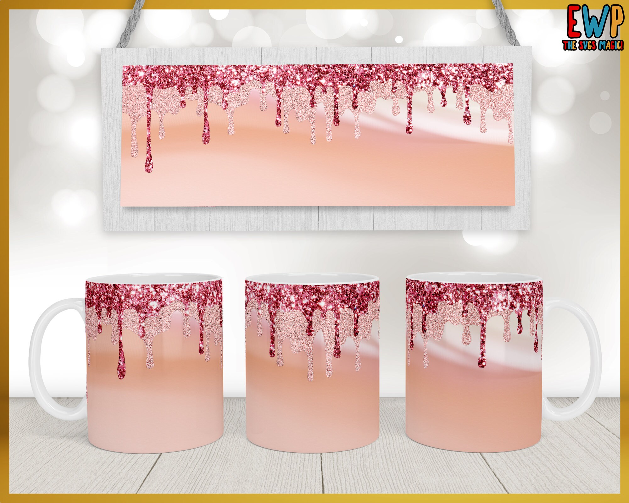 Pink Glitter Full Wrap Mug Pink Drips Sublimation Design - Etsy