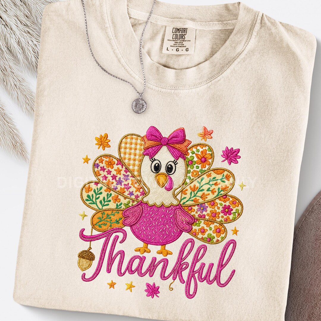 Thankful Patchwork Turkey Cute Thanksgiving Faux Embroidery Style - Etsy