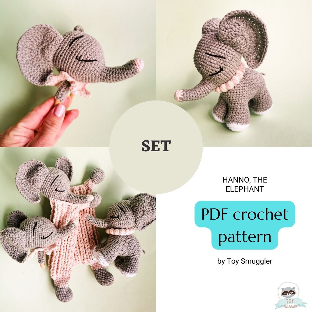 Hanno, the Elephant SET Amigurumi PDF Crochet Patterns Rattle Lovey Toy ...