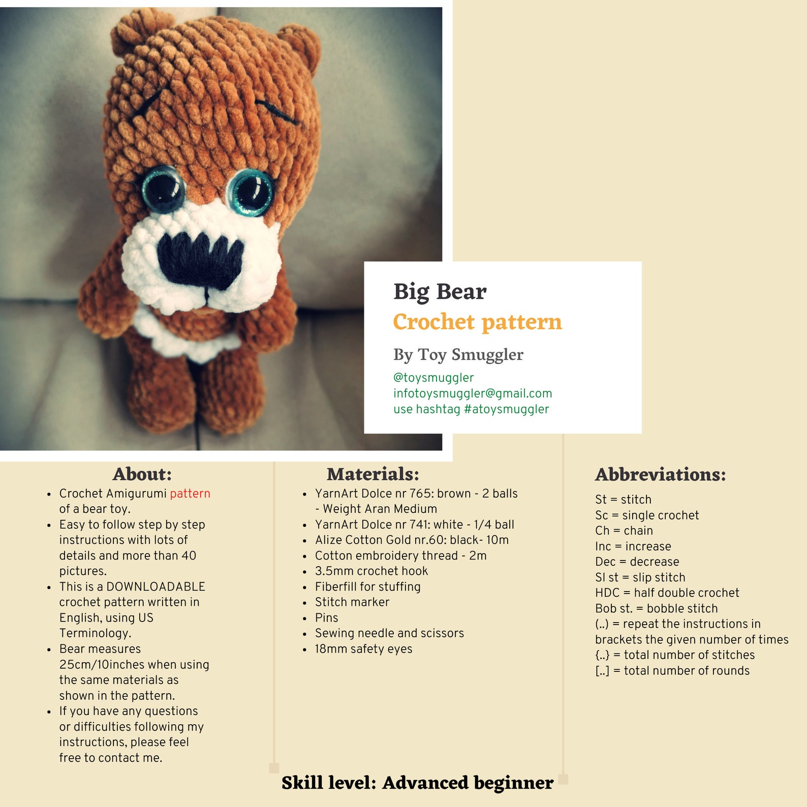 Big Bear Crochet PDF Pattern. Stuffed Animal Amigurumi Toy. Digital ...