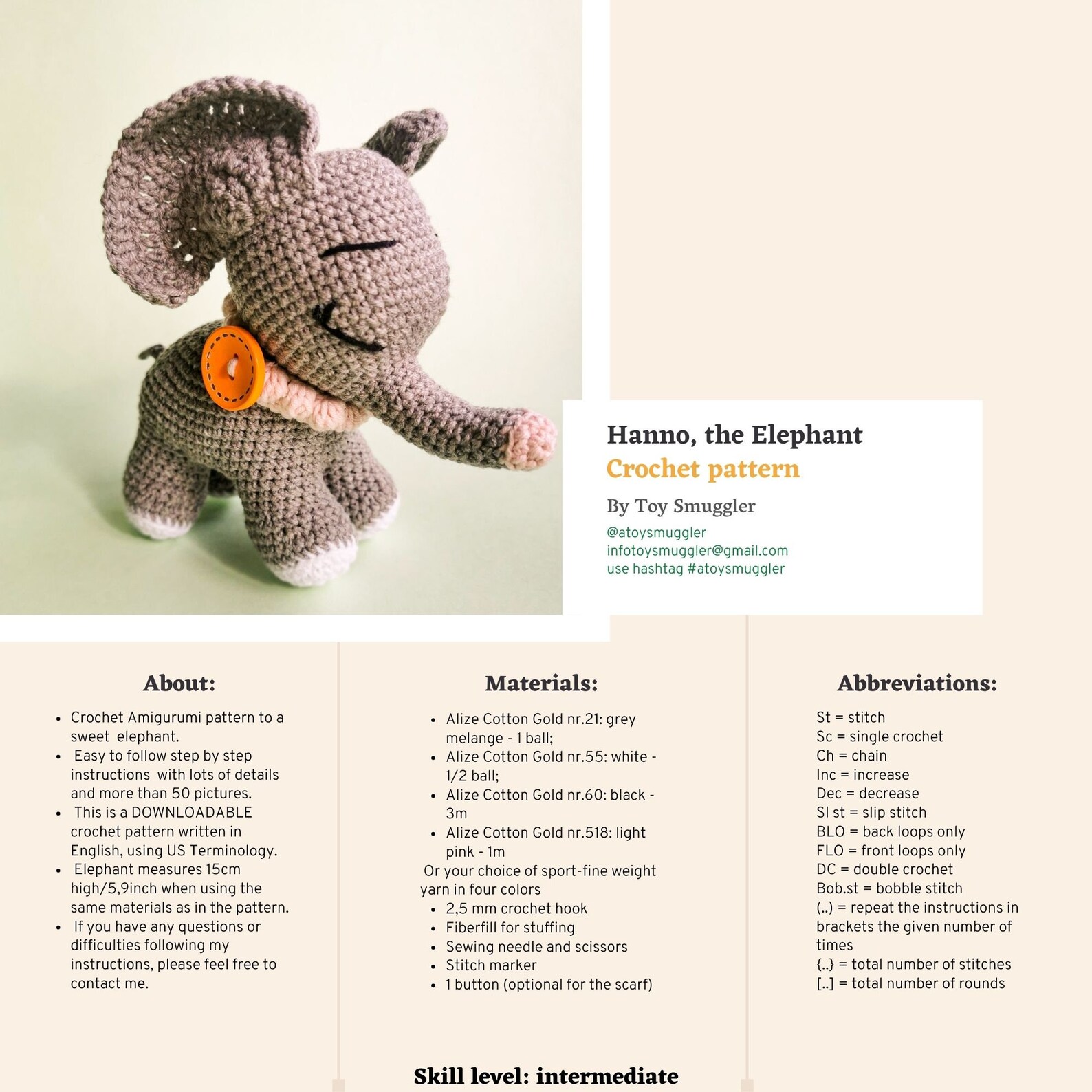 Hanno the Elephant Amigurumi PDF Crochet Pattern Tutorial - Etsy