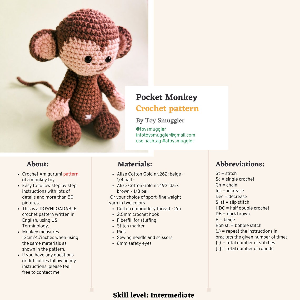 Pocket Monkey PDF Crochet Pattern. Step by Step Amigurumi - Etsy