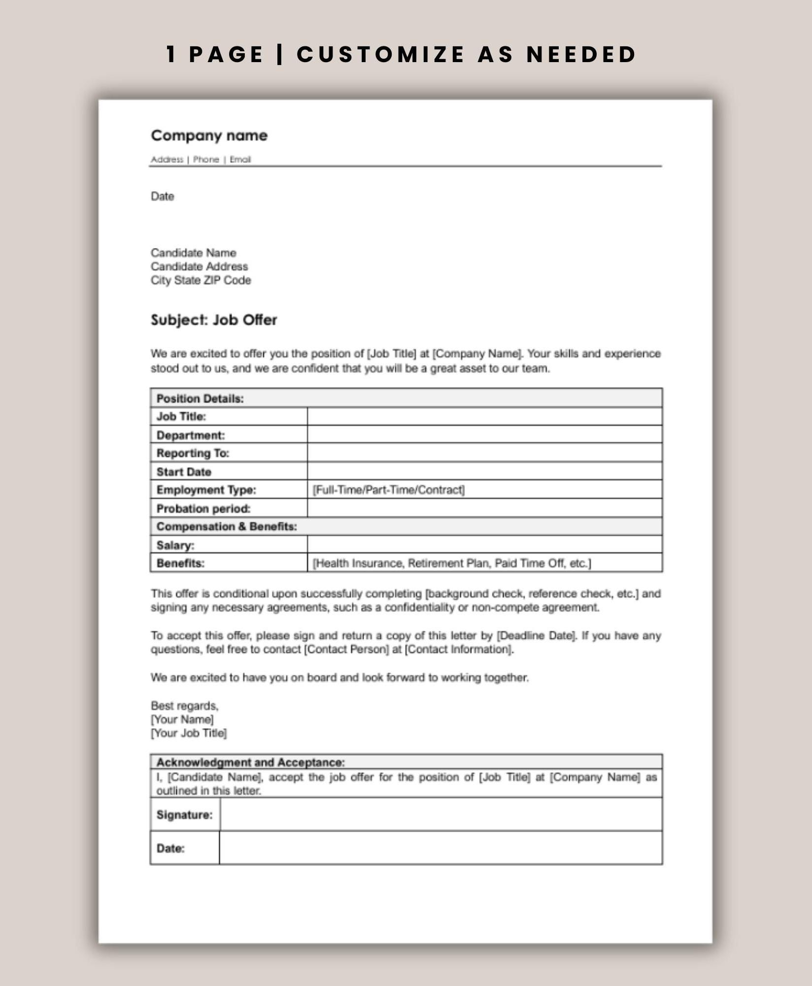 Editable Job Offer Letter, Instant Download for Employers, Job Offer ...