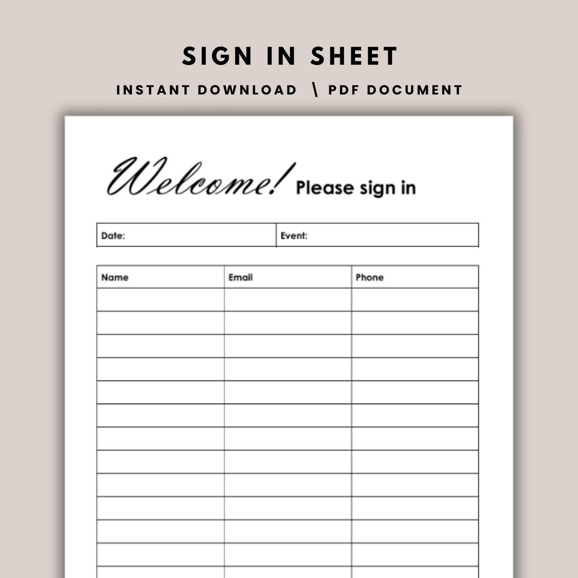 Sign in Sheet Printable, Event Sign up Sheet, Instant Download PDF, Sign up Sheet Template ...