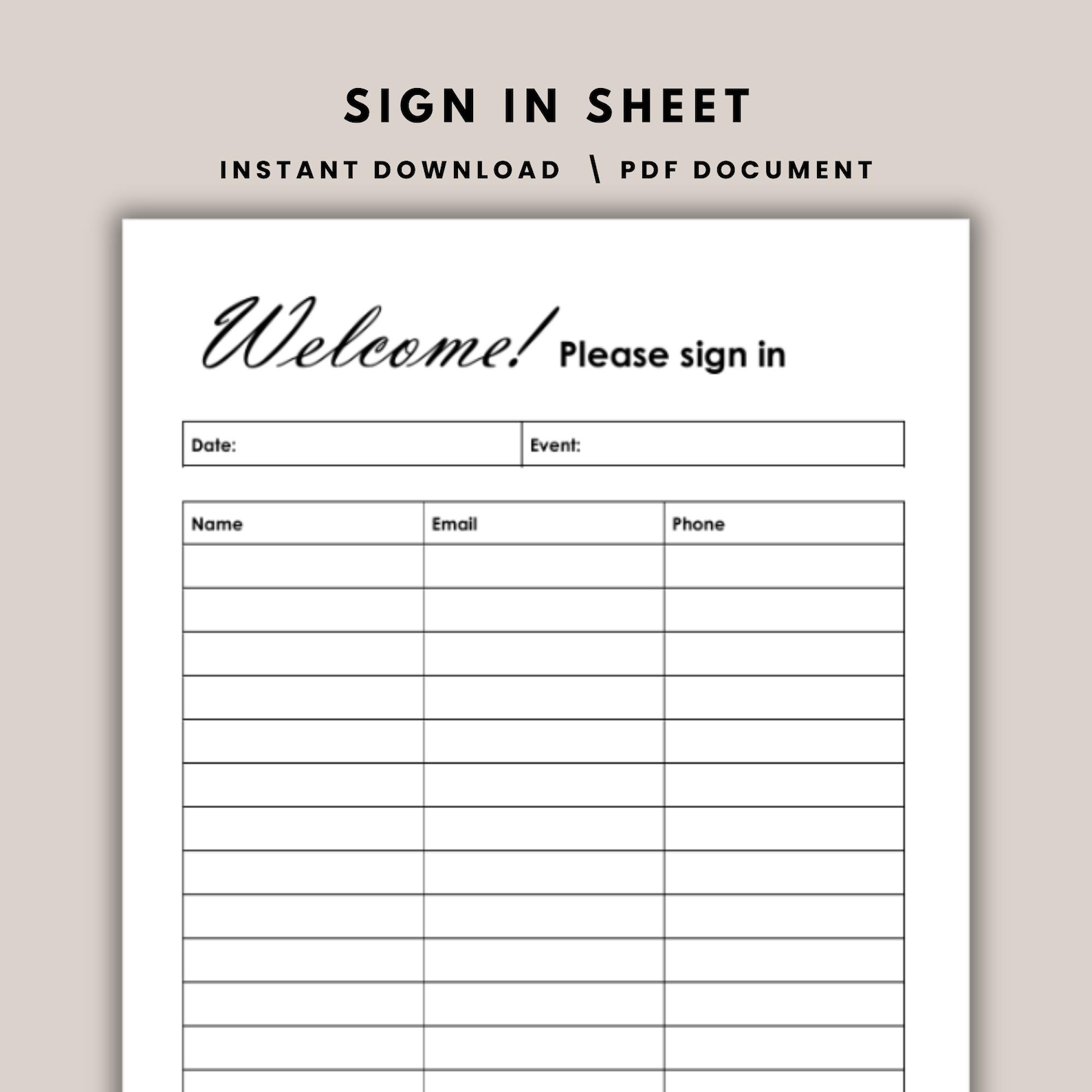 Sign in Sheet Printable, Event Sign up Sheet, Instant Download PDF, Sign up Sheet Template ...