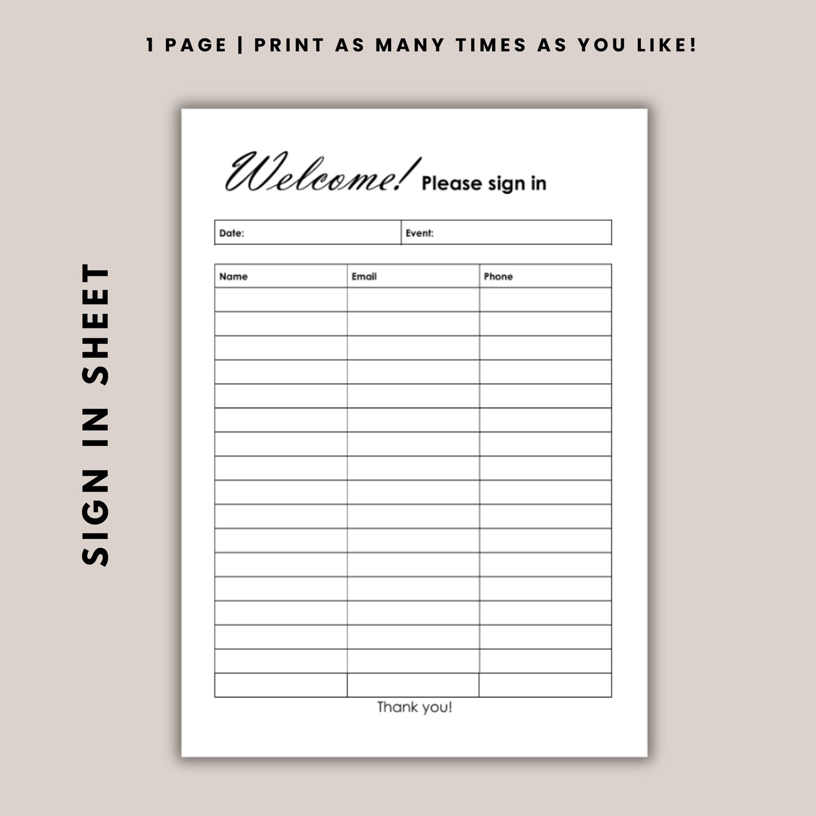 Sign in Sheet Printable, Event Sign up Sheet, Instant Download PDF, Sign up Sheet Template ...