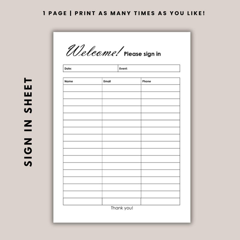 Sign in Sheet Printable, Event Sign up Sheet, Instant Download PDF, Sign up Sheet Template ...