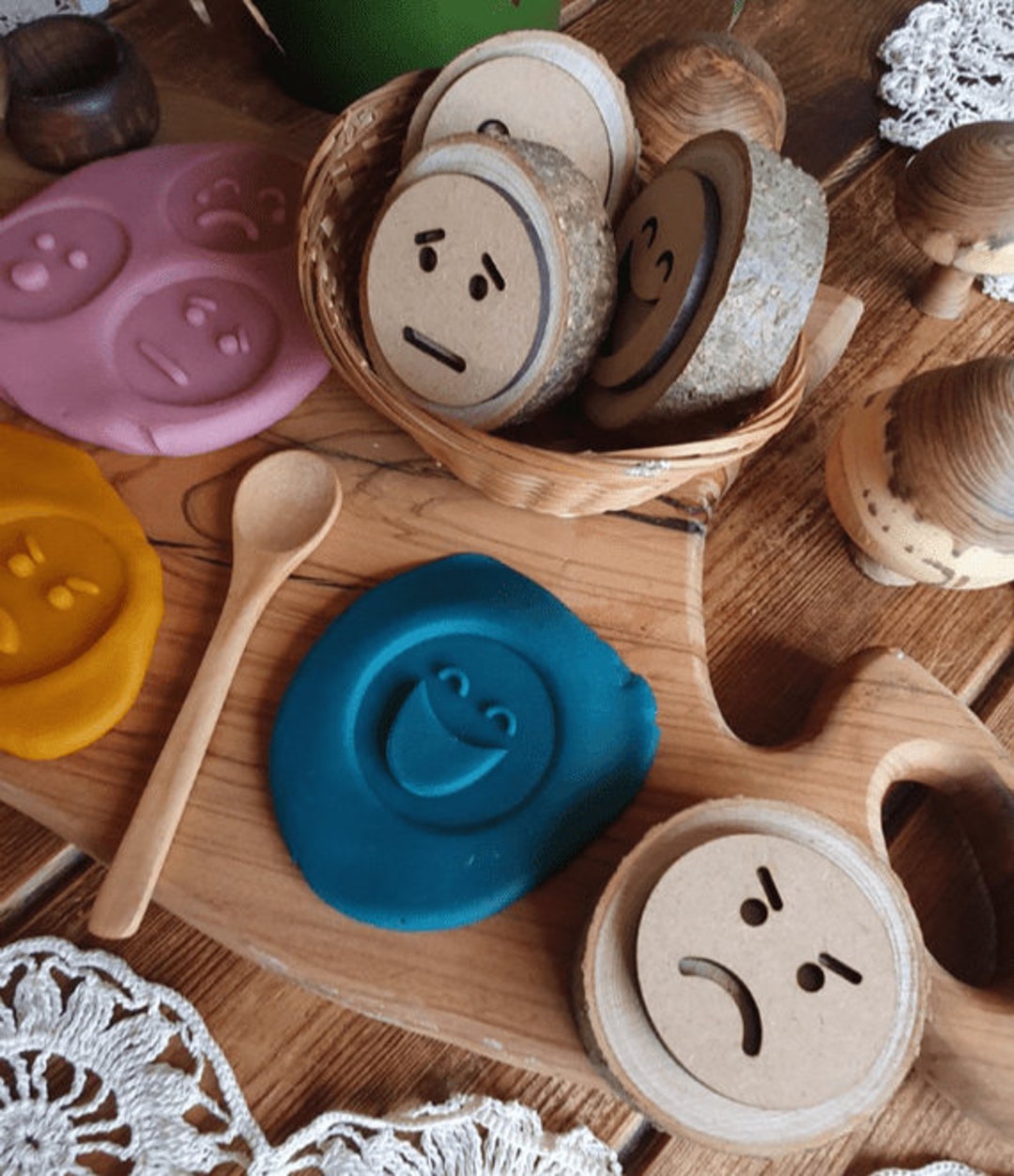 Emotions Play Dough Stamps Natural Log Slice Learning Fine Motor Toy ...
