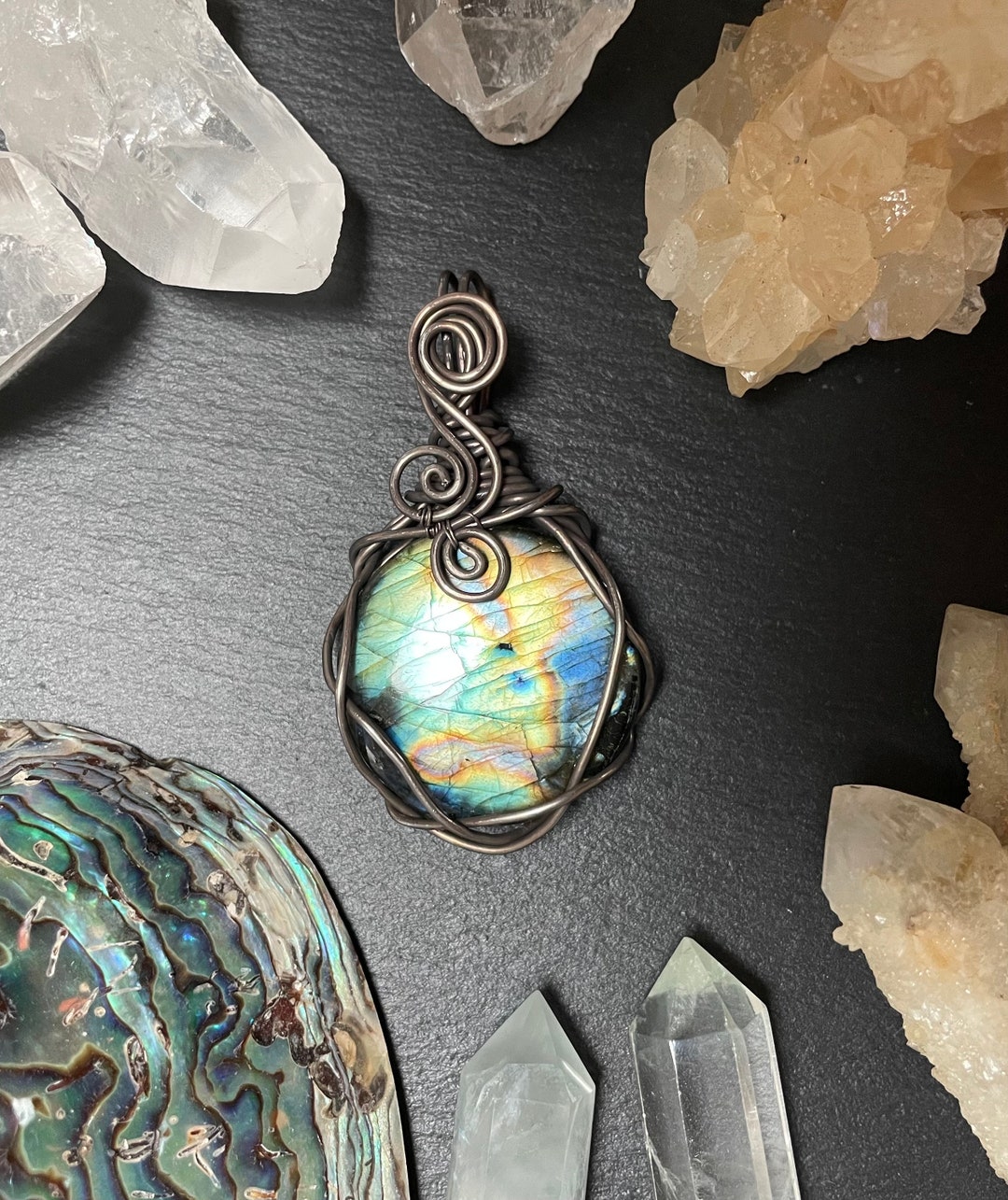 Round Labradorite Pendant Multiflash/copper Pendant/ Hammered/witch/elf ...