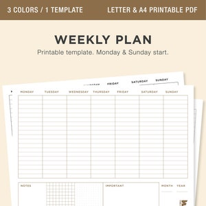 Weekly Plan Printable, Sunday / Monday Start, Week Planner Template ...